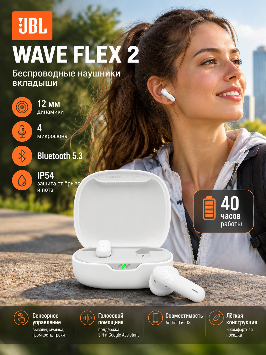 Беспроводные наушники TWS вкладыши белые, Bluetooth 5.3, 4 микрофона, IP54, 40 ч работы