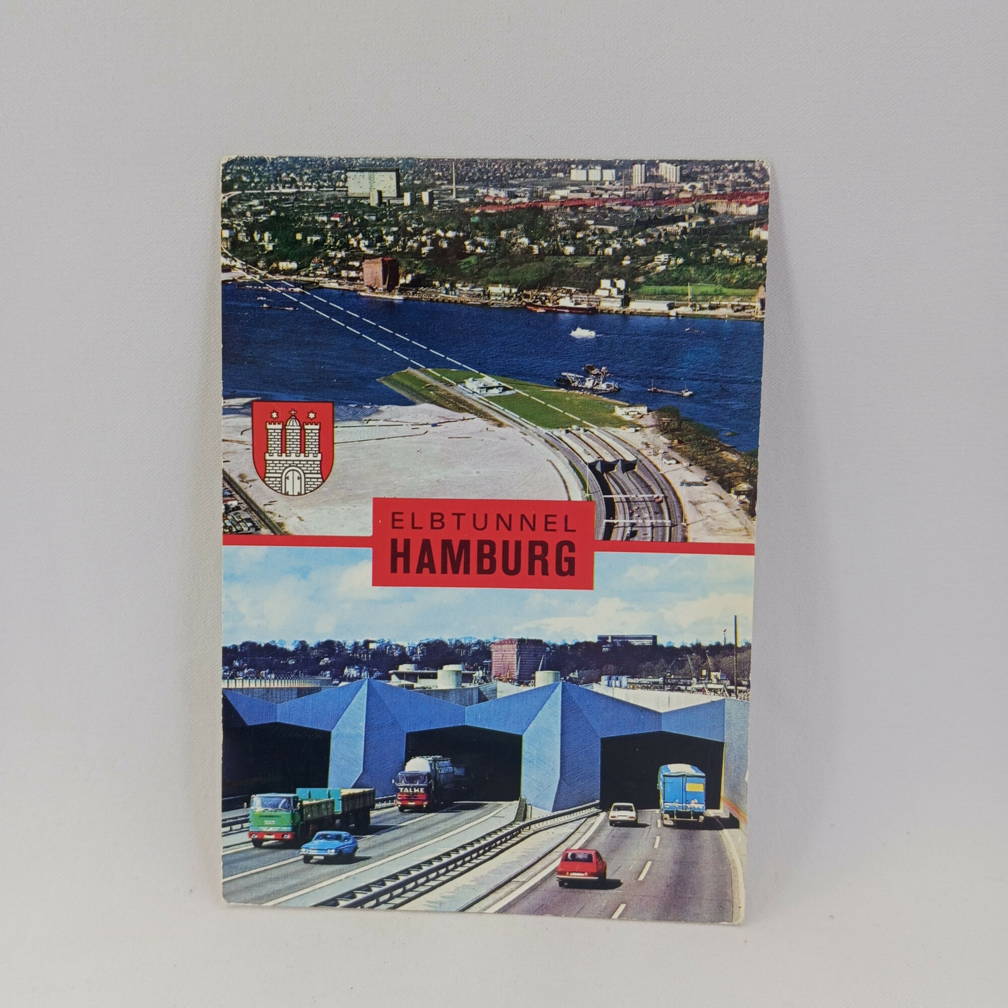 Открытка старинная. Гамбург, Эльбский тоннель, городская панорама и автомобильная дорога на снимках