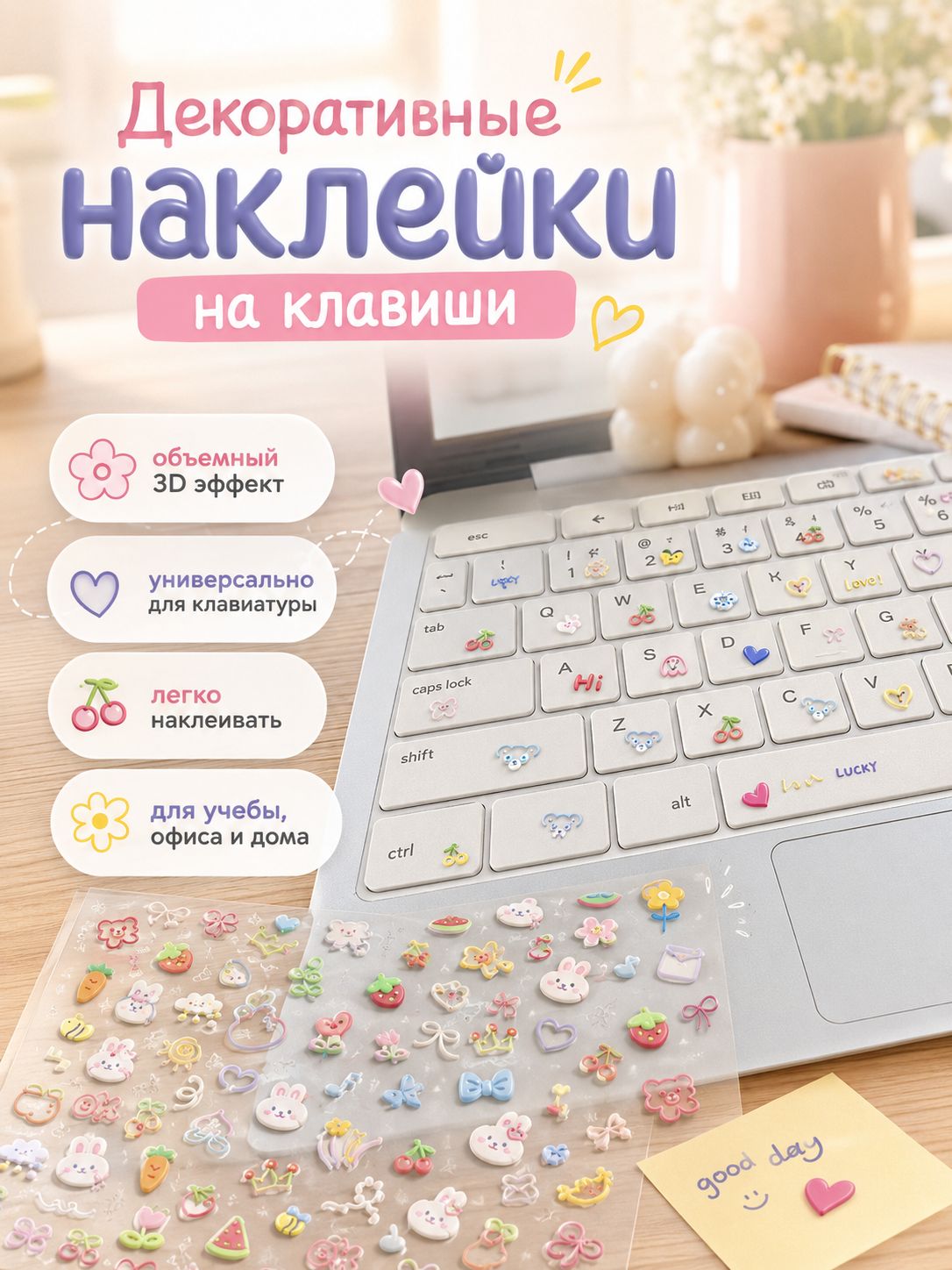 3d наклейки для ногтей, рельефные стикеры без вырезания с мишкой, кроликом и эмоциями для клавиатуры, ноутбука и декора