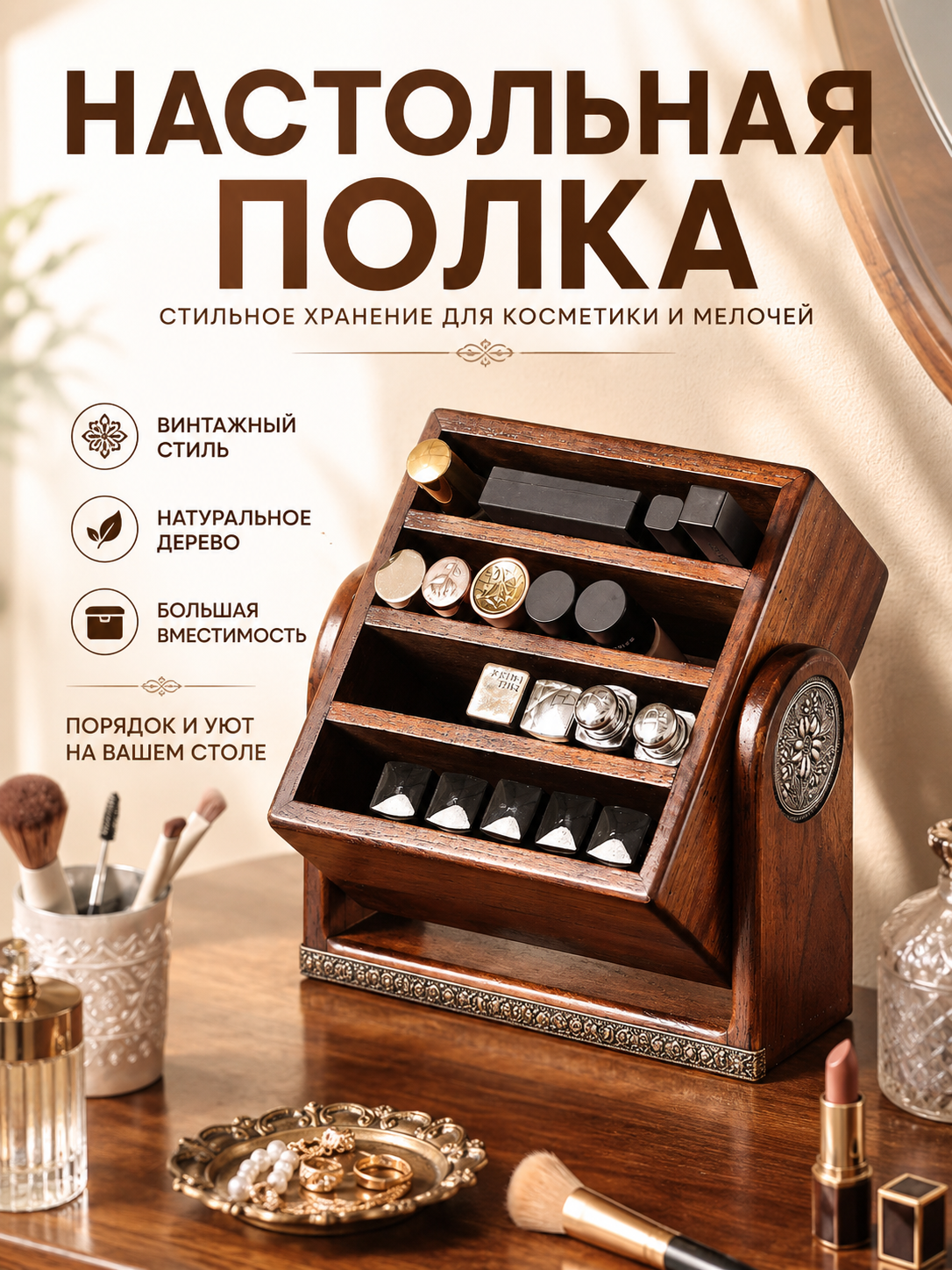Настольная полка винтажного стиля из дерева, многосекционная конструкция, для косметических средств, украшений и мелк
