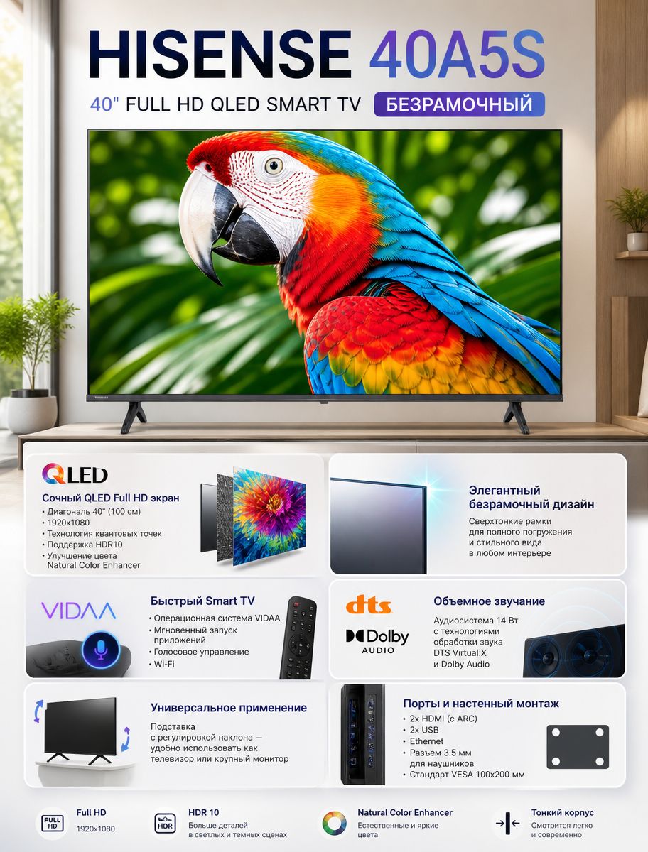 Телевизор Hisense 40A5S 40" Full HD, Android TV, безрамочный, черный