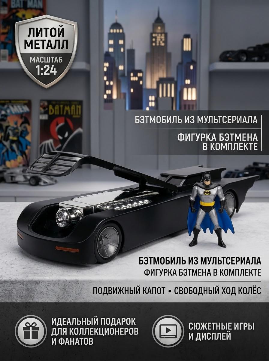 Бэтмобиль 1:24 из мультсериала про Бэтмена: литая металлическая машинка с фигуркой героя в наборе