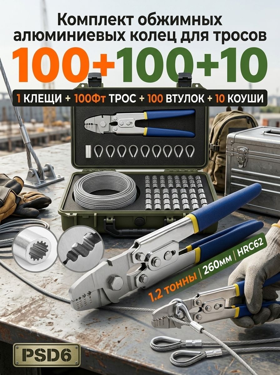 Набор инструментов для обжима проводов, 100 футов кабеля из нержавеющей стали, 100 алюминиевых обжимных втулок и 10 рымов для тросов для перил, настила и подвешивания картин