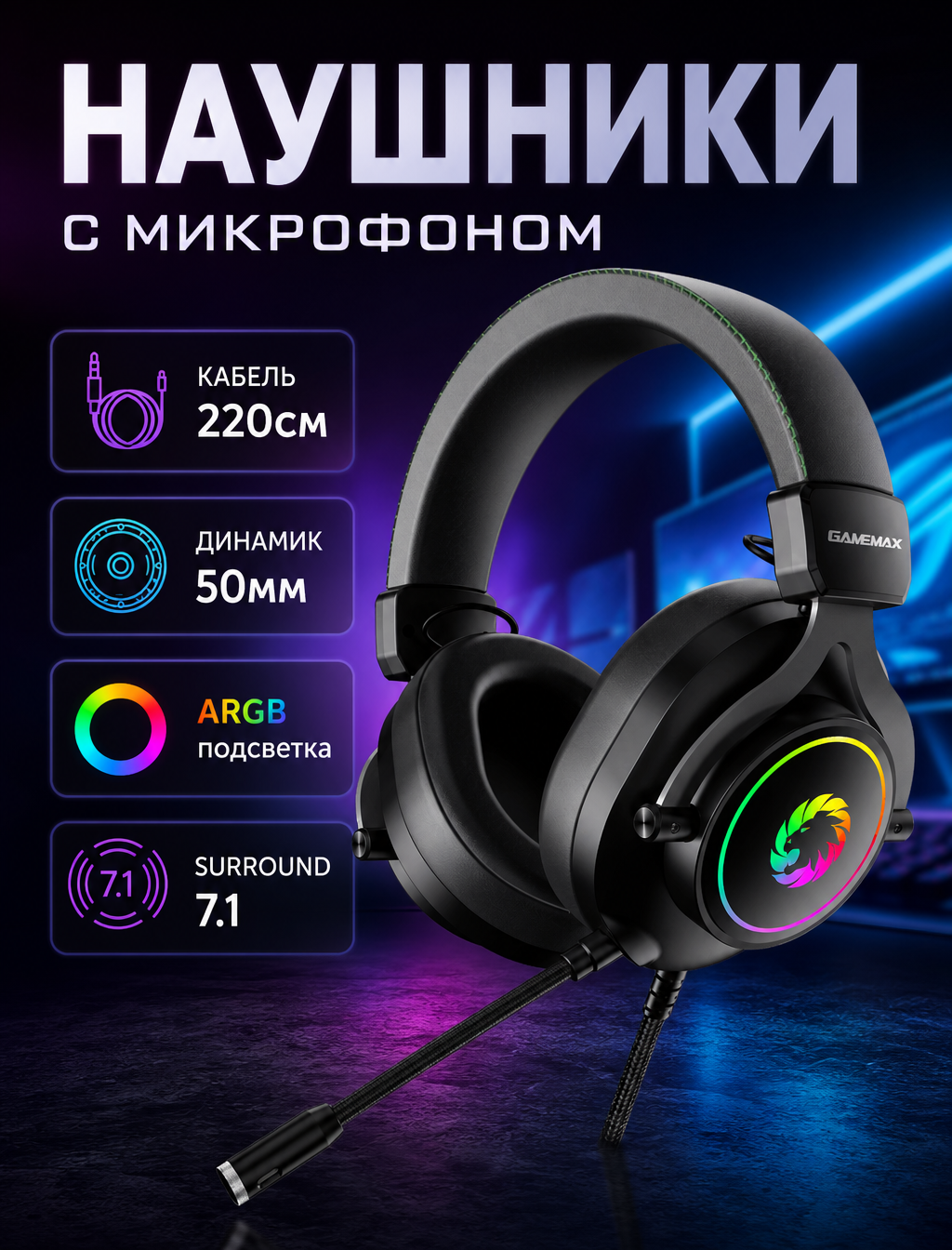 Гарнитура GAMEMAX HG3600 (7.1 surround, Микрофон, USB, Регулятор громкости, ARGB подсветка)