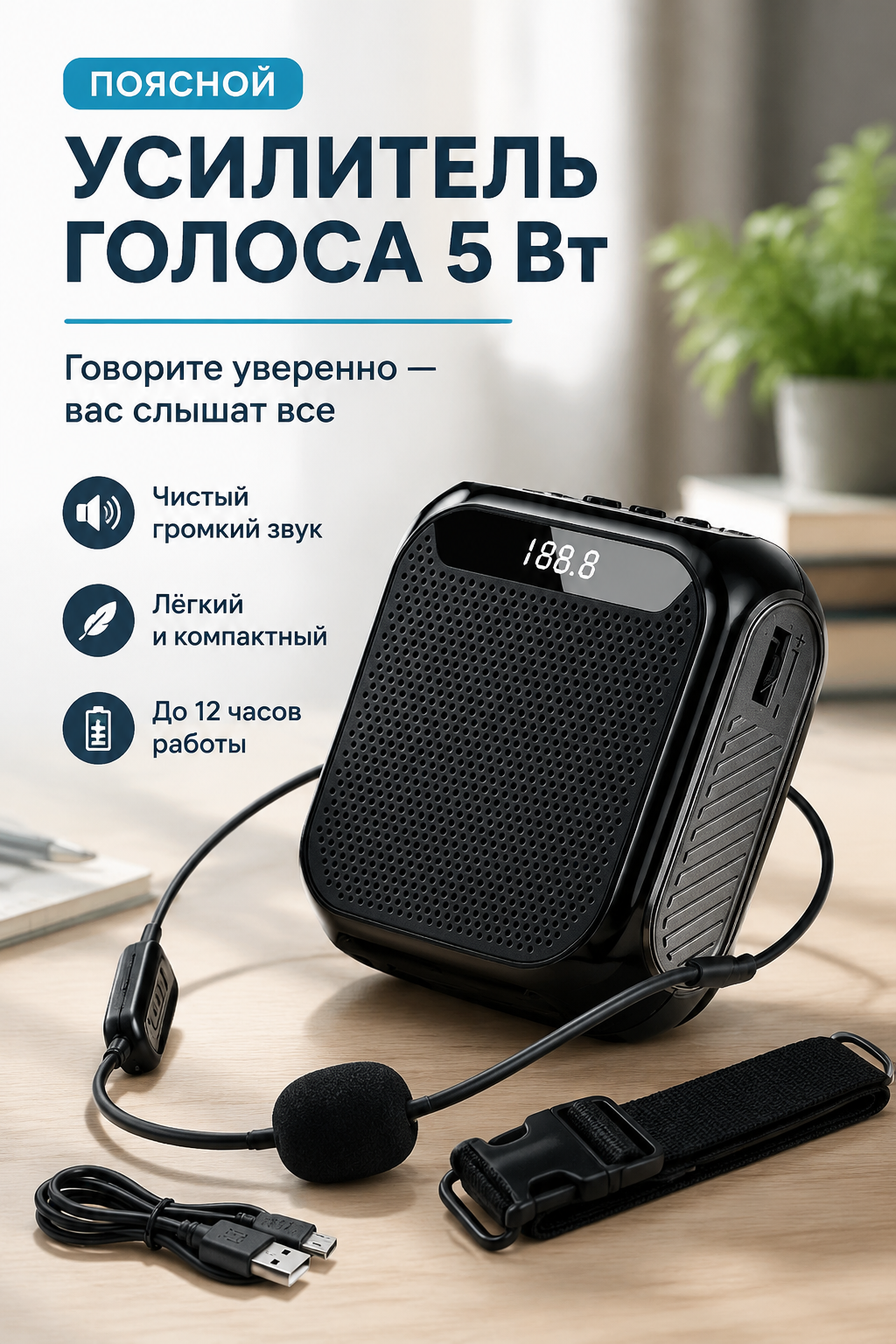 Поясной усилитель голоса 5 Вт с гарнитурой, USB-кабелем и ремнём, чёрный