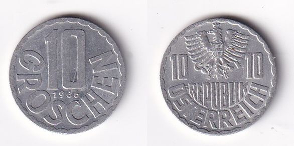 Австрия 10 грошей 1966 год