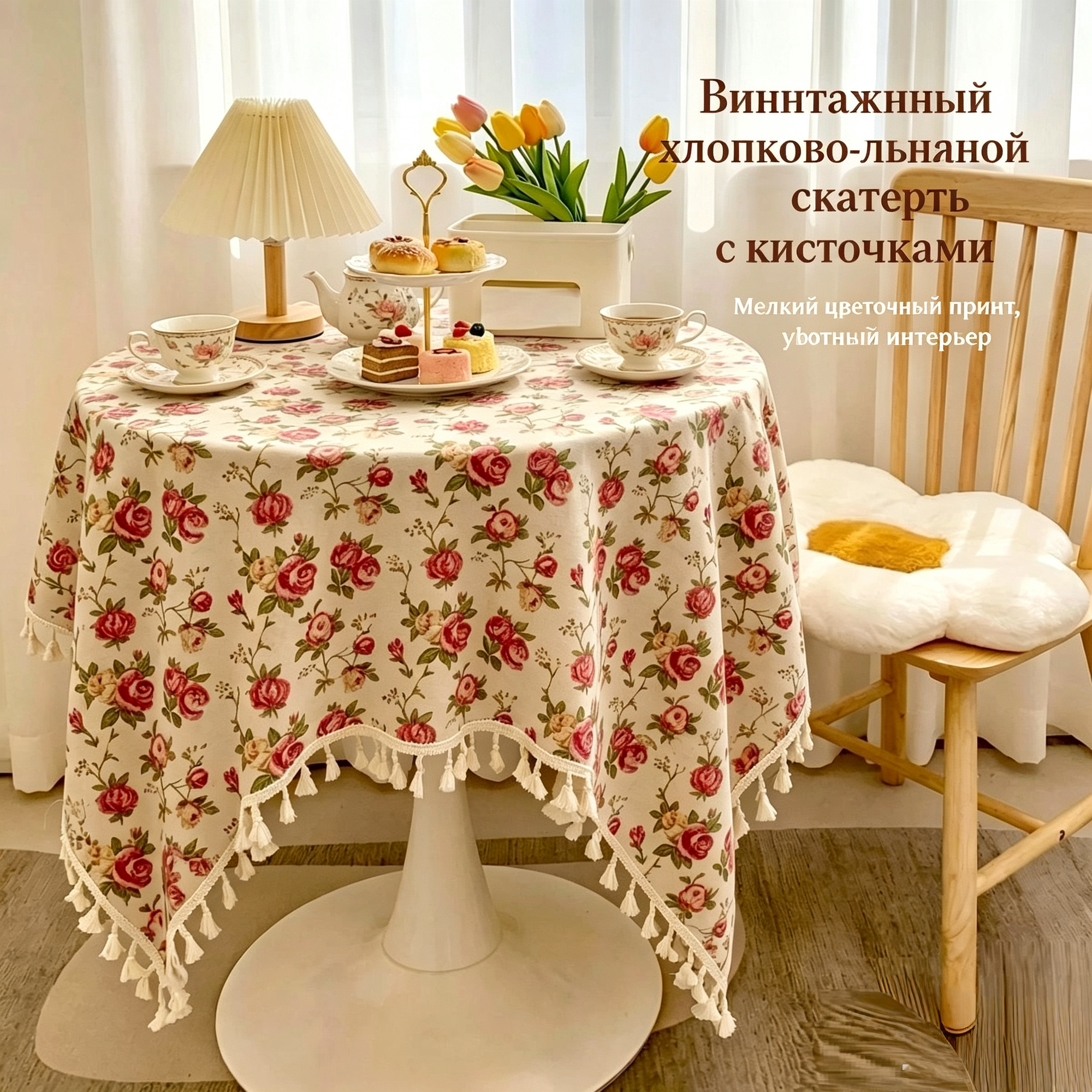 Винтажная скатерть с цветами, 1.5х1.5 м, хлопковая, с кисточками, для дома