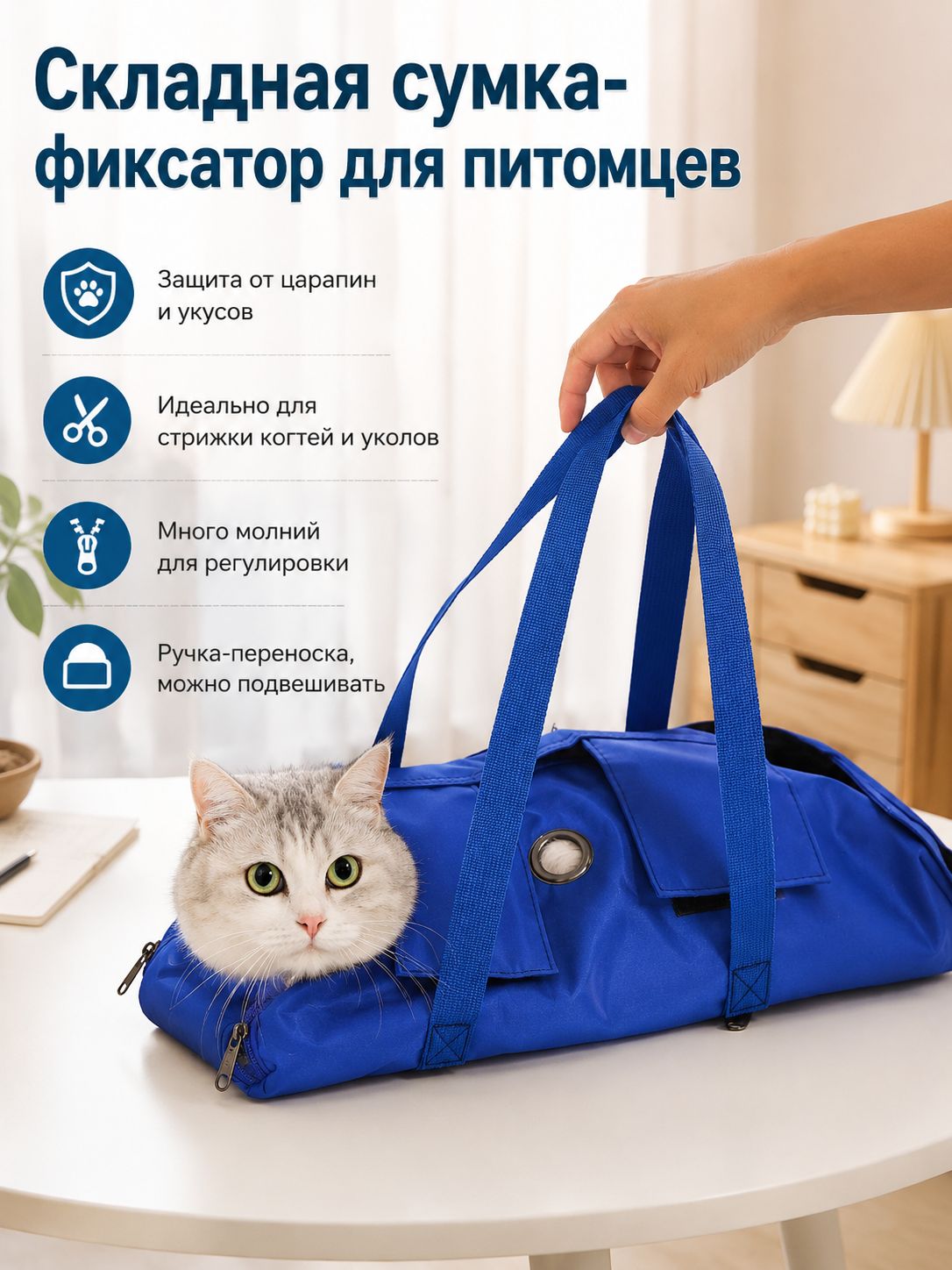 Фиксационная сумка для животных 4-6 кг, синяя для ветпроцедур, груминга и стрижки когтей