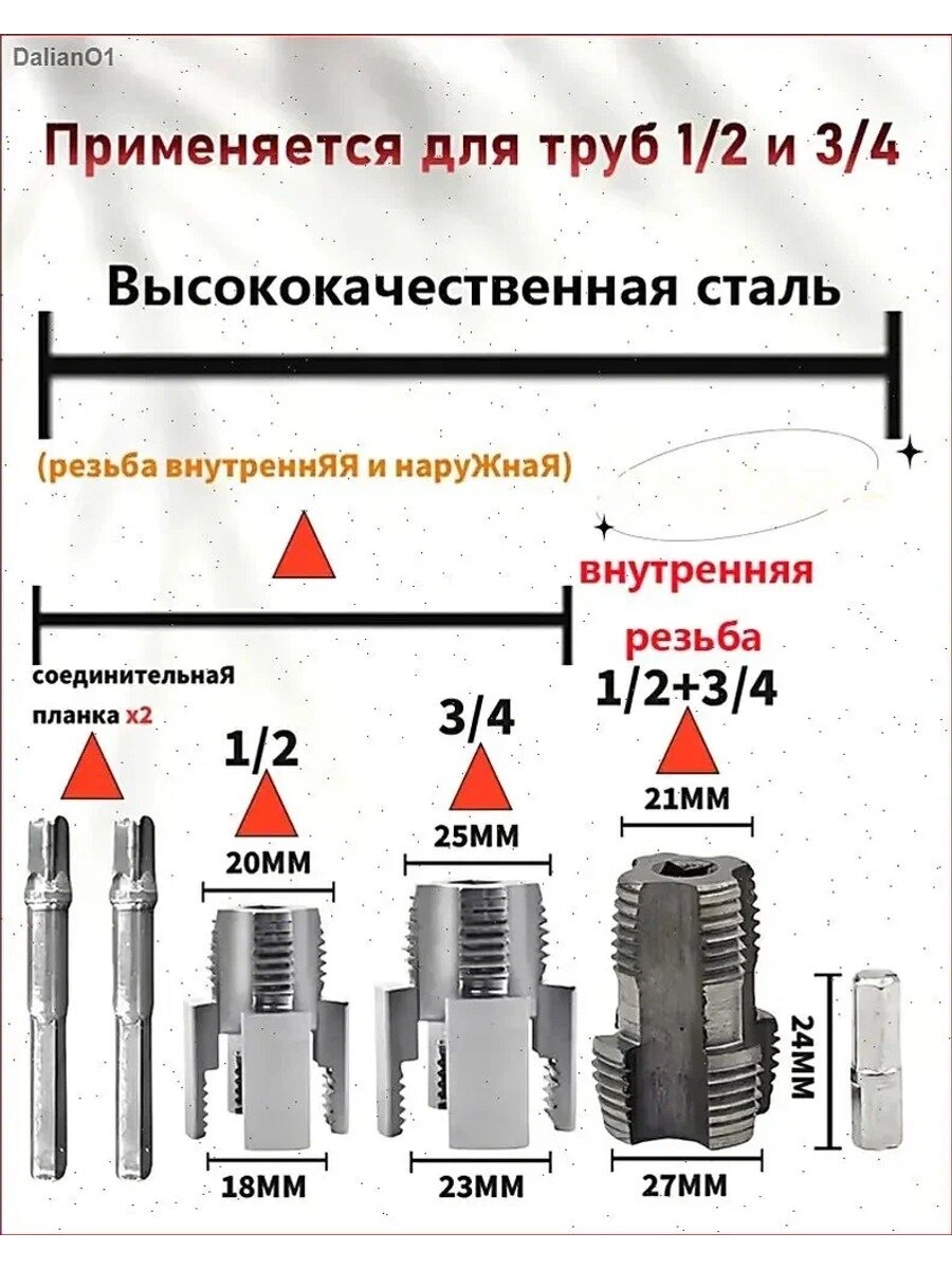Насадка на шуруповёрт для нарезки резьбы: набор плашек и метчиков для труб 20 мм (1/2") и 25 мм (3/4")