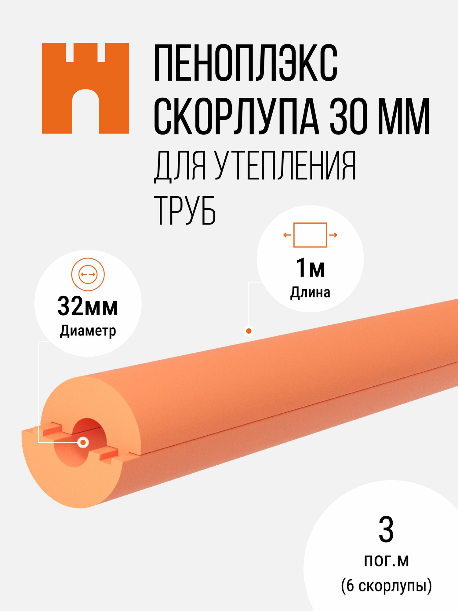 Утеплитель для труб пеноплэкс диаметром 32мм, скорлупа XPS 30мм, 3 пог. м, 6 скорлуп
