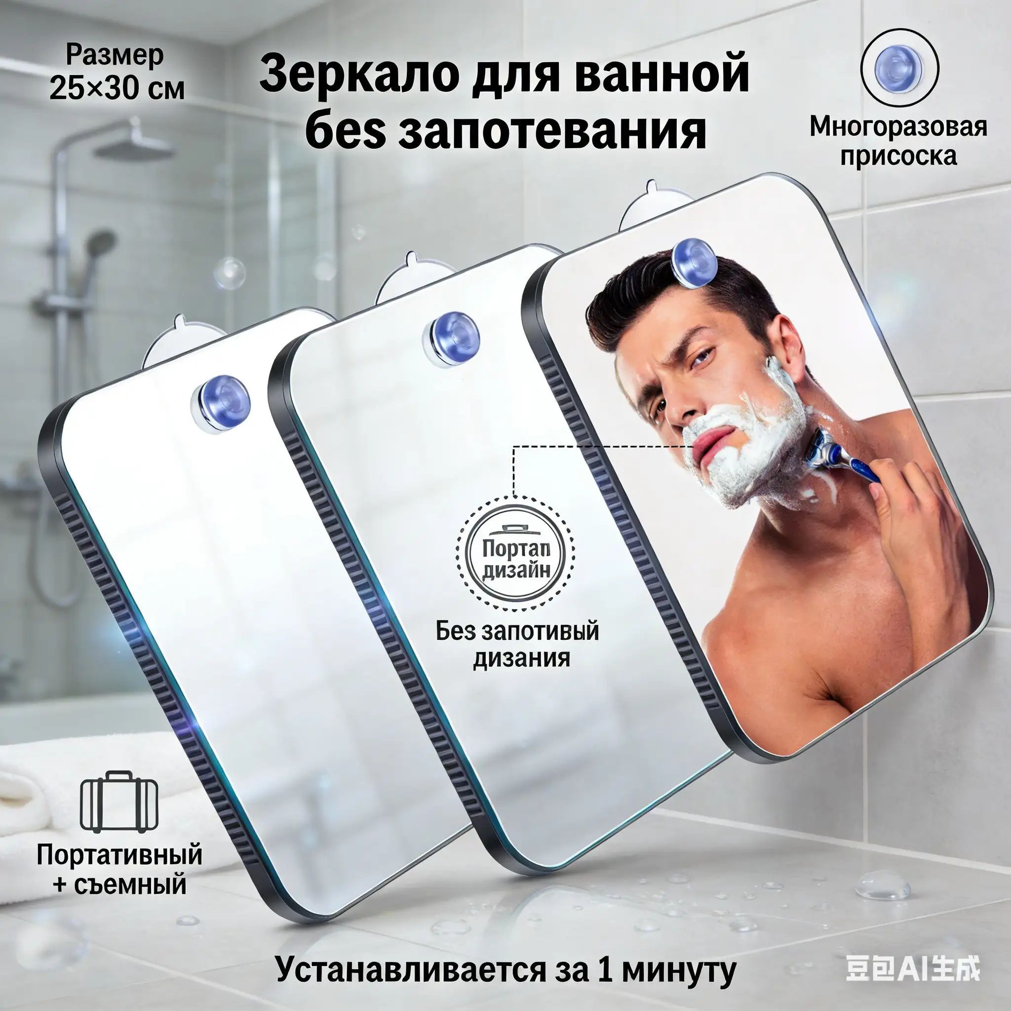 Зеркало настенное 25х30 см прямоугольное ударопрочное, Артикул: 5224055287