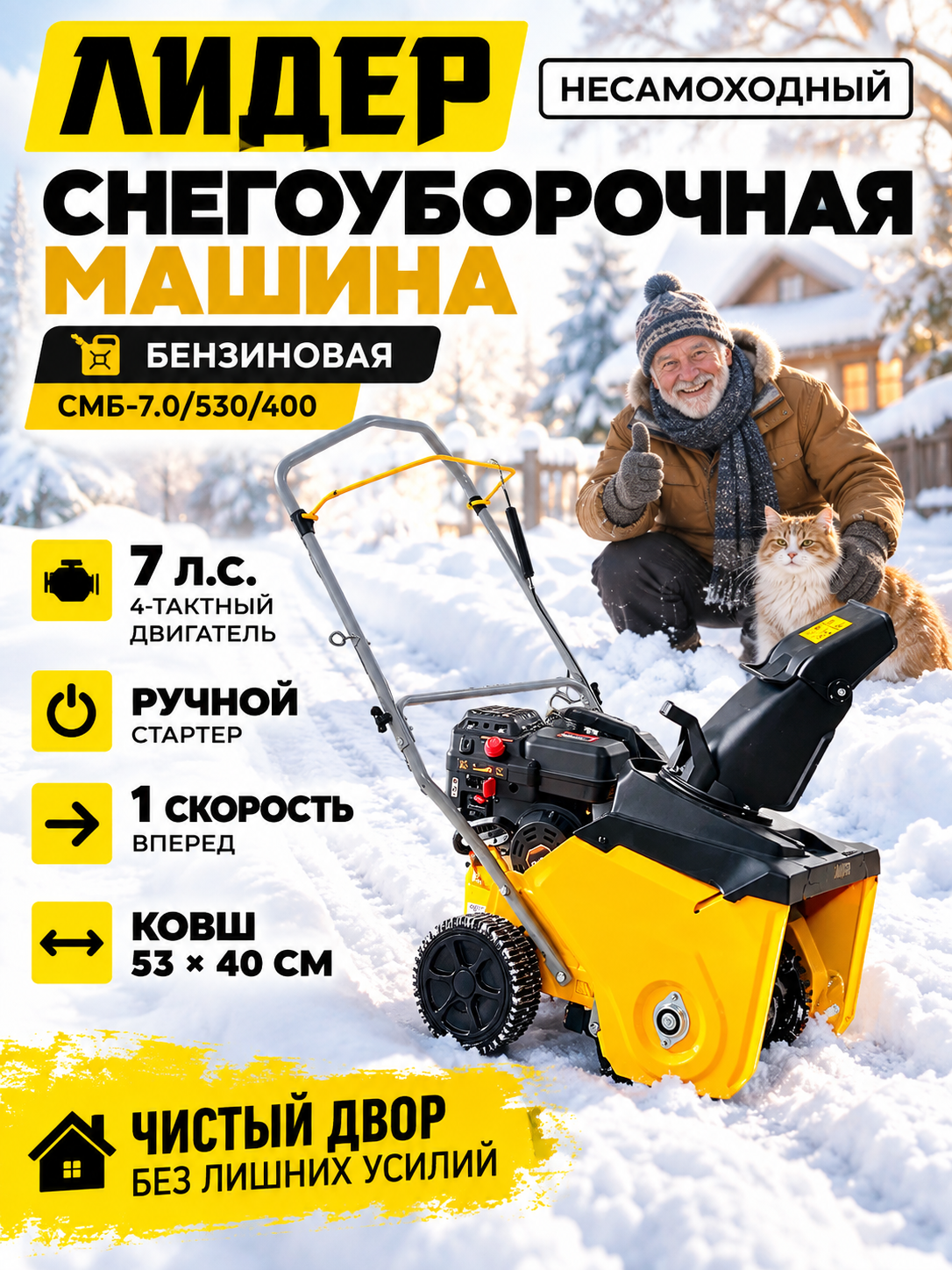 Снегоуборщик бензиновый несамоходный лидер СМБ-7.0/530/400, 7 л. с, ковш 53×40 см