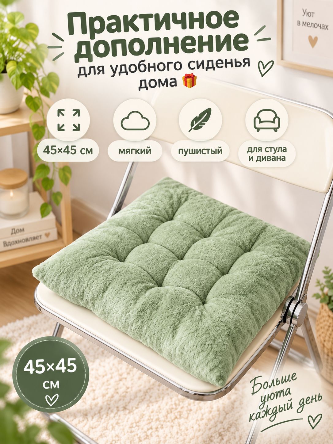 Подушка на стул 40x40 см 1 шт на завязках велюр искусственный светло-зеленый