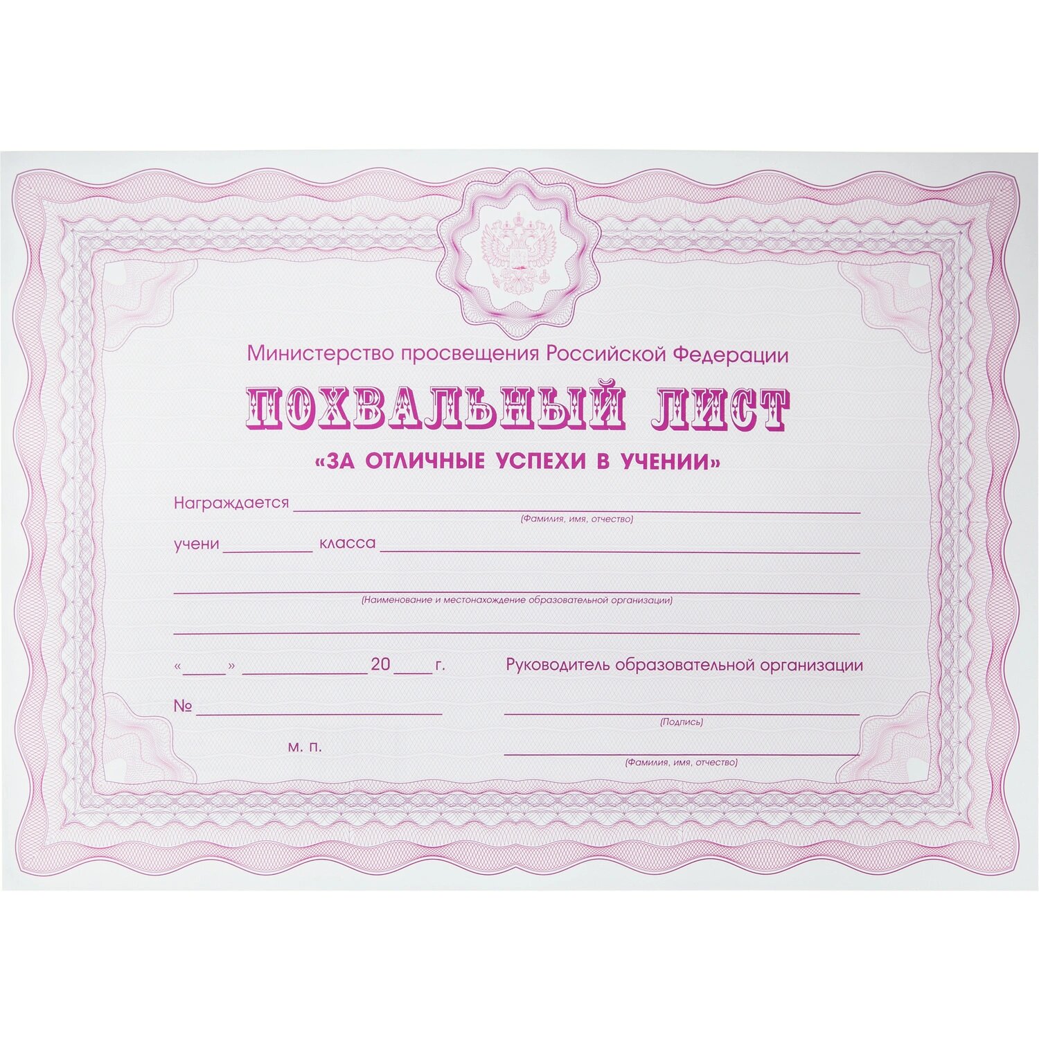 Attache Похвальный лист За успехи в учёбе МП РФ А4 250 г/кв. м синяя рамка (10 штук в упаковке)