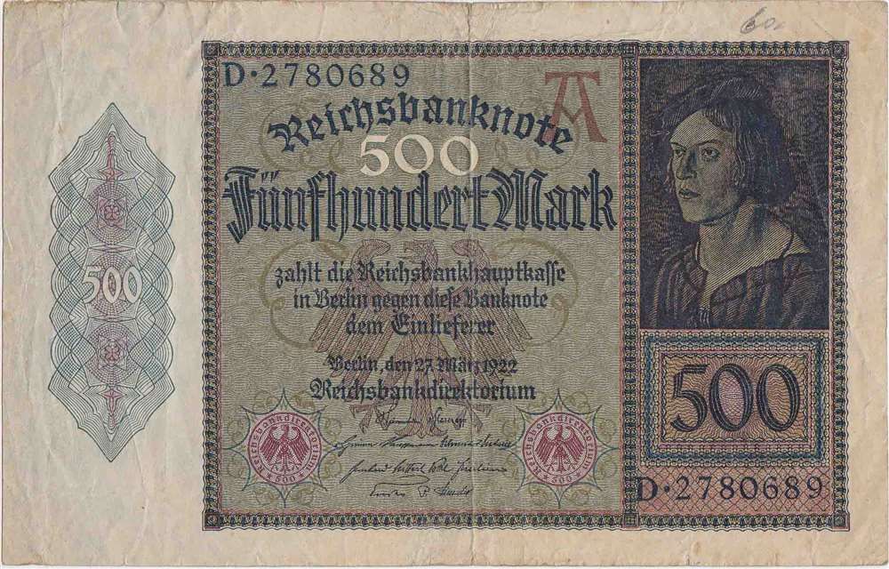 1922 Банкнота Германия 500 марок Дюрер Портрет VF
