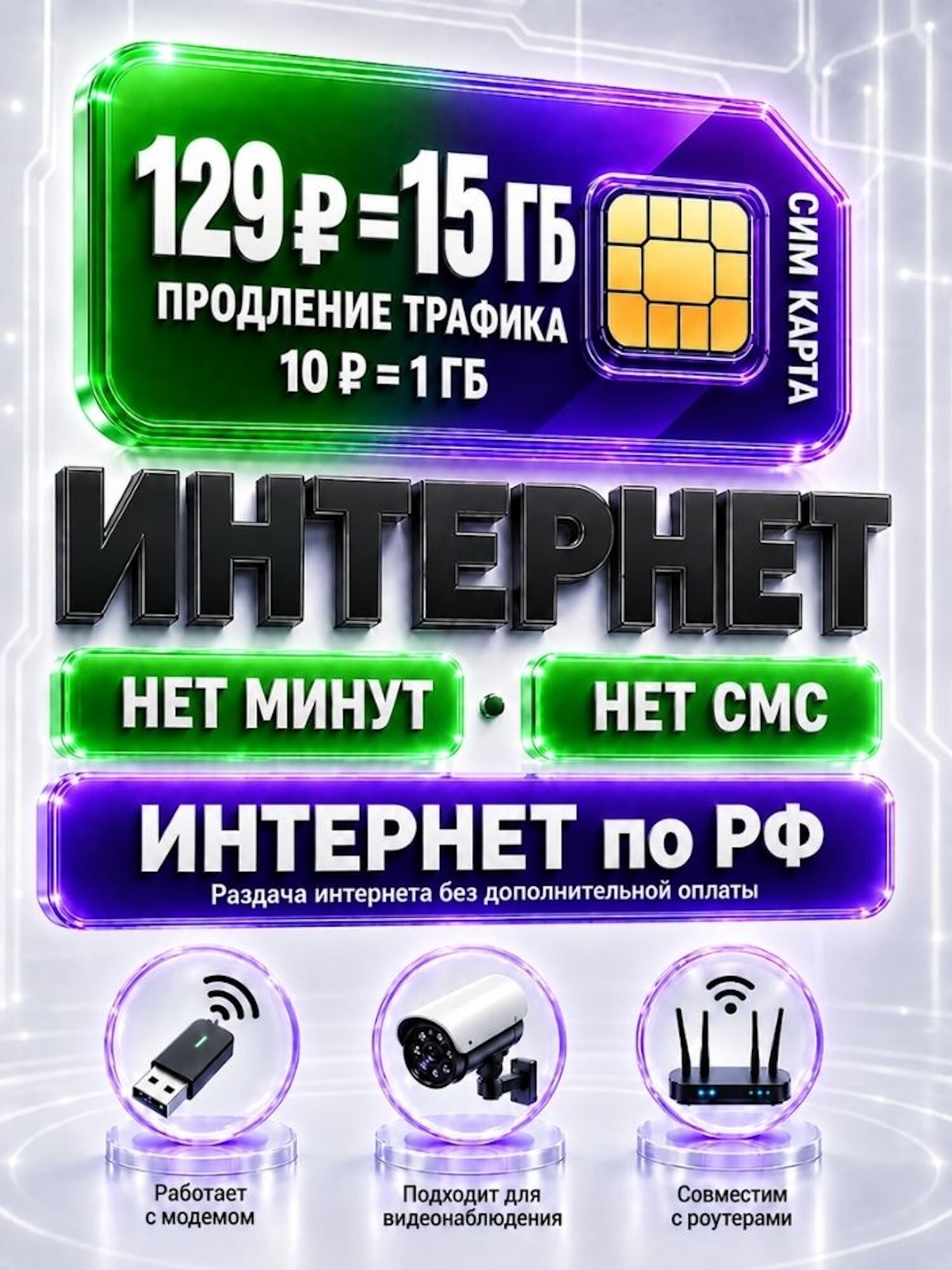 Сим карта Безлимитный возобновляемый пакет тариф 129 руб 15 ГБ по РФ для любых устройств роутер модем камера мобильный