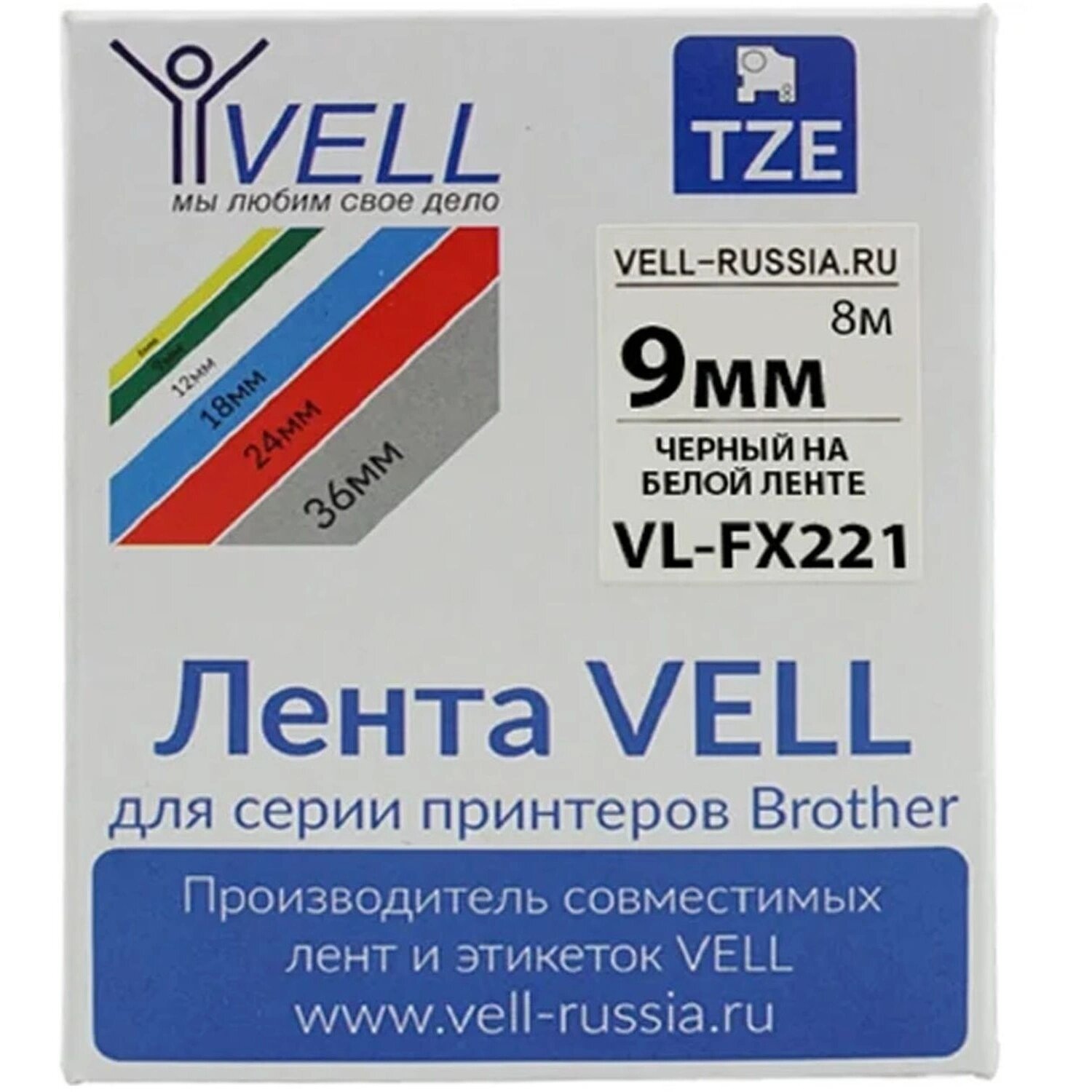 Vell Картридж Vell для принтера этикеток 9 мм х 8 м цвет белый шрифт чёрный
