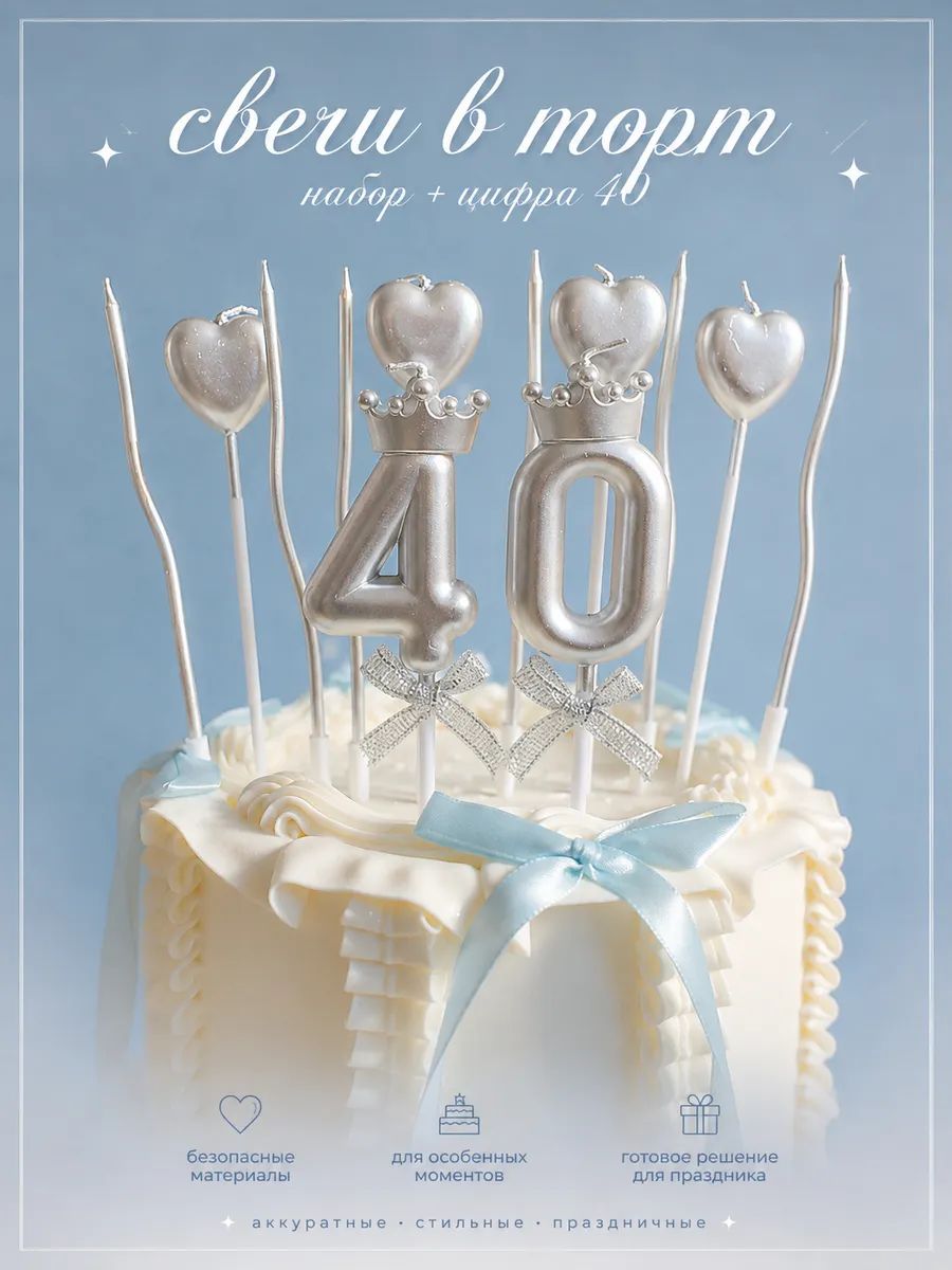 Свечи в торт цифра 40+набор 10 шт.