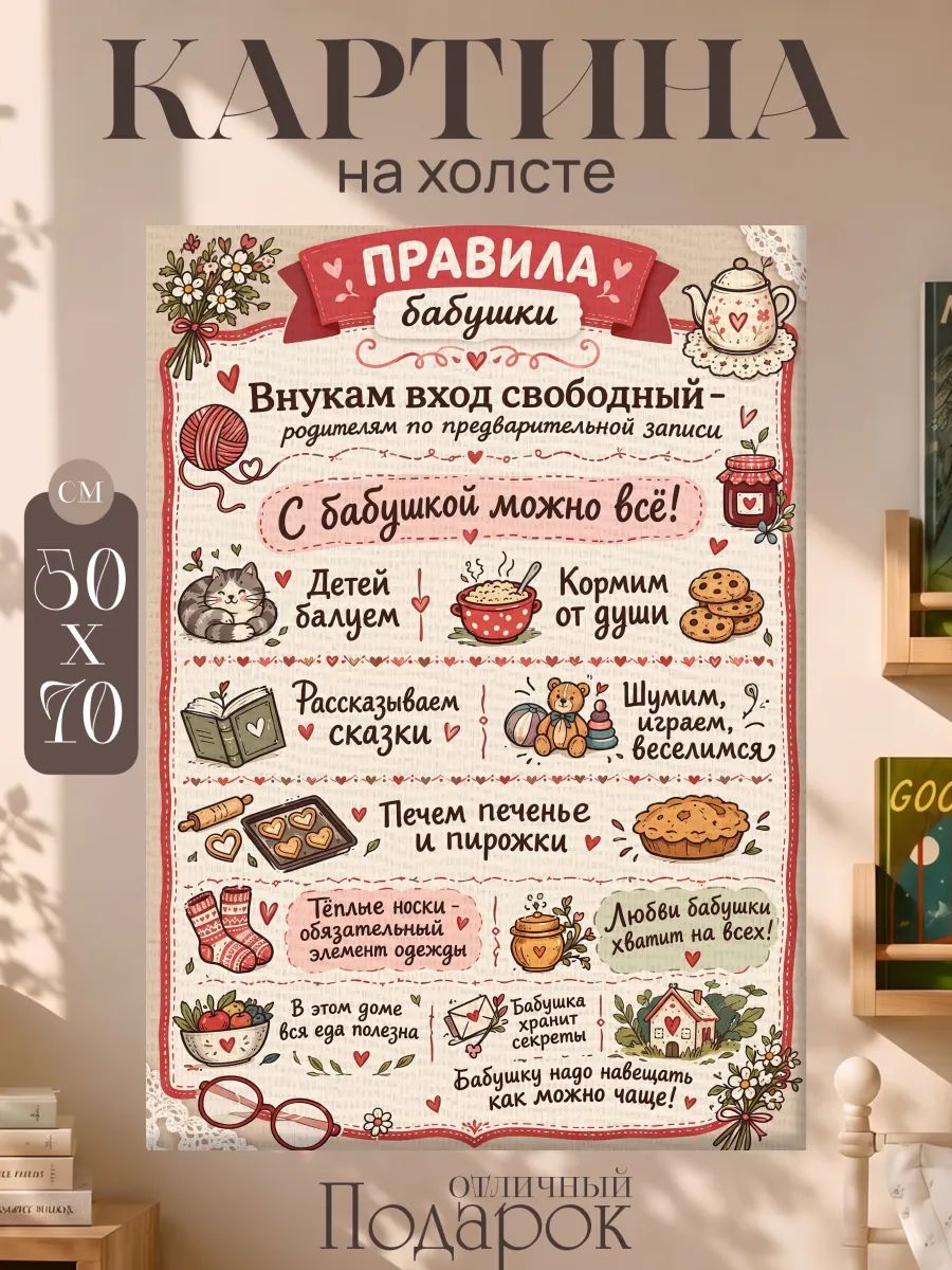 Картина на стену для интерьера 50х70 Правила бабушки