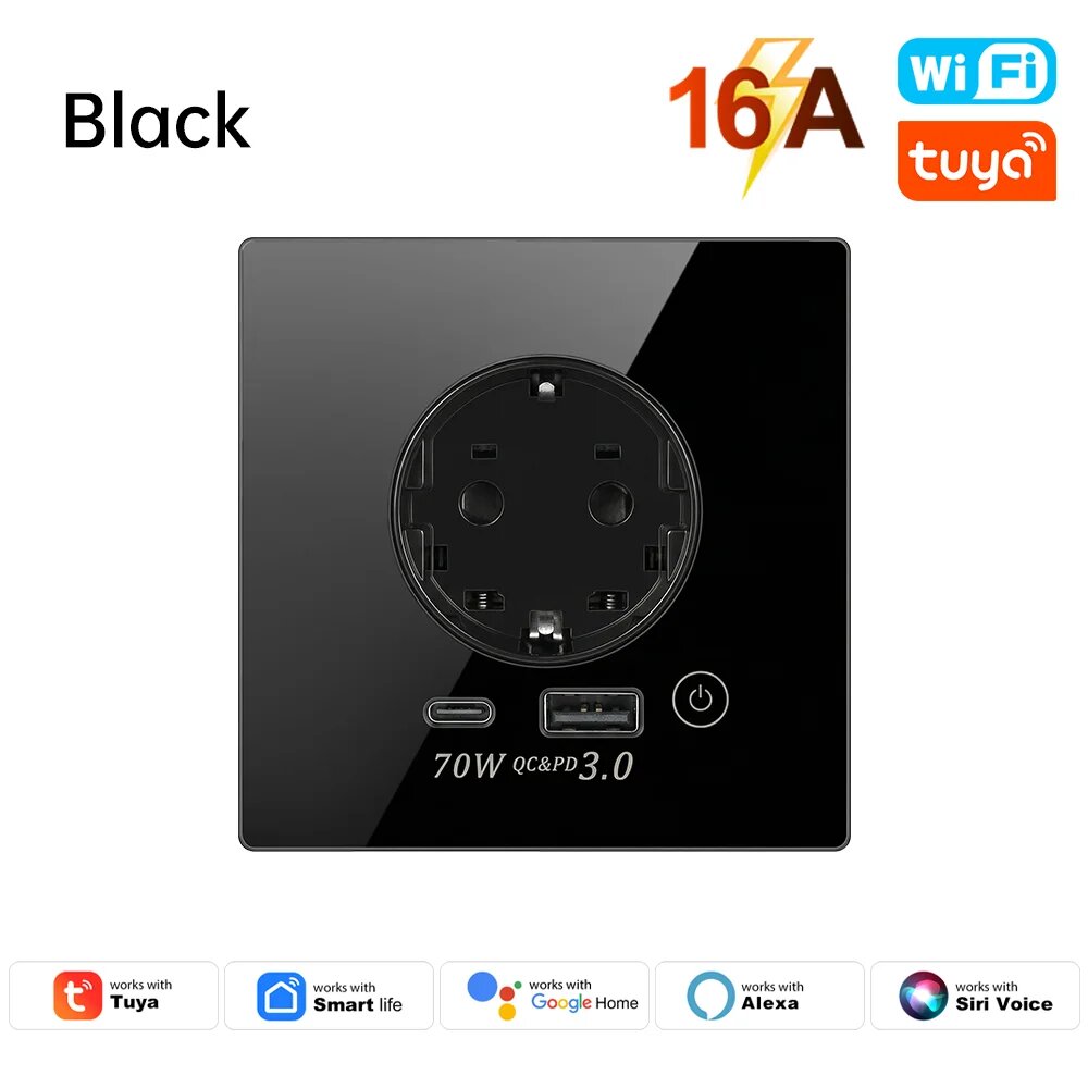 Manhot Умная розетка с USB Type-C PD70W single(black)