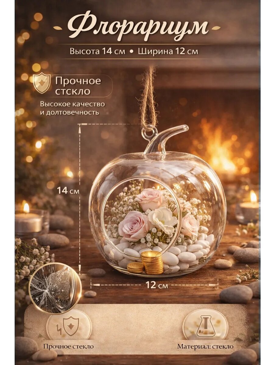 Флорариум Сима-Ленд "Яблоко", 12 см x 12см x 14см, стекло, прозрачная, без крышки