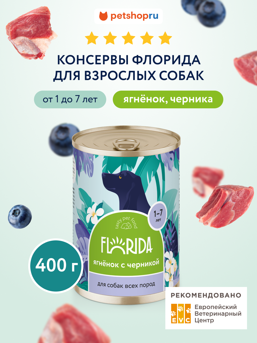 FLORIDA Консервы для собак, ягненок с черникой, 1 шт, влажный корм, 400 г