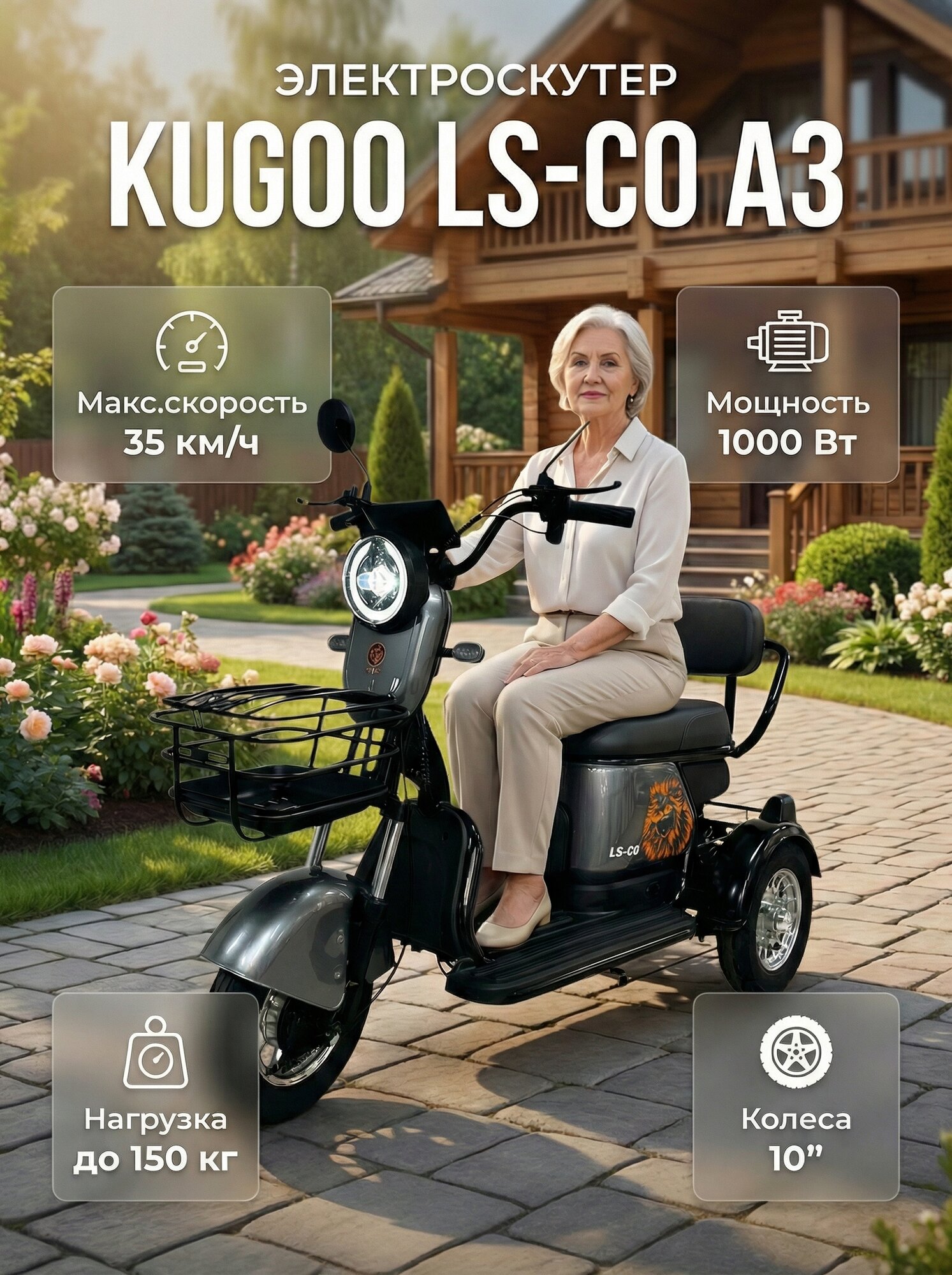 Электроскутер трехколесный LS-CO A3 1000W 60V/23Ah Li-ion Серый