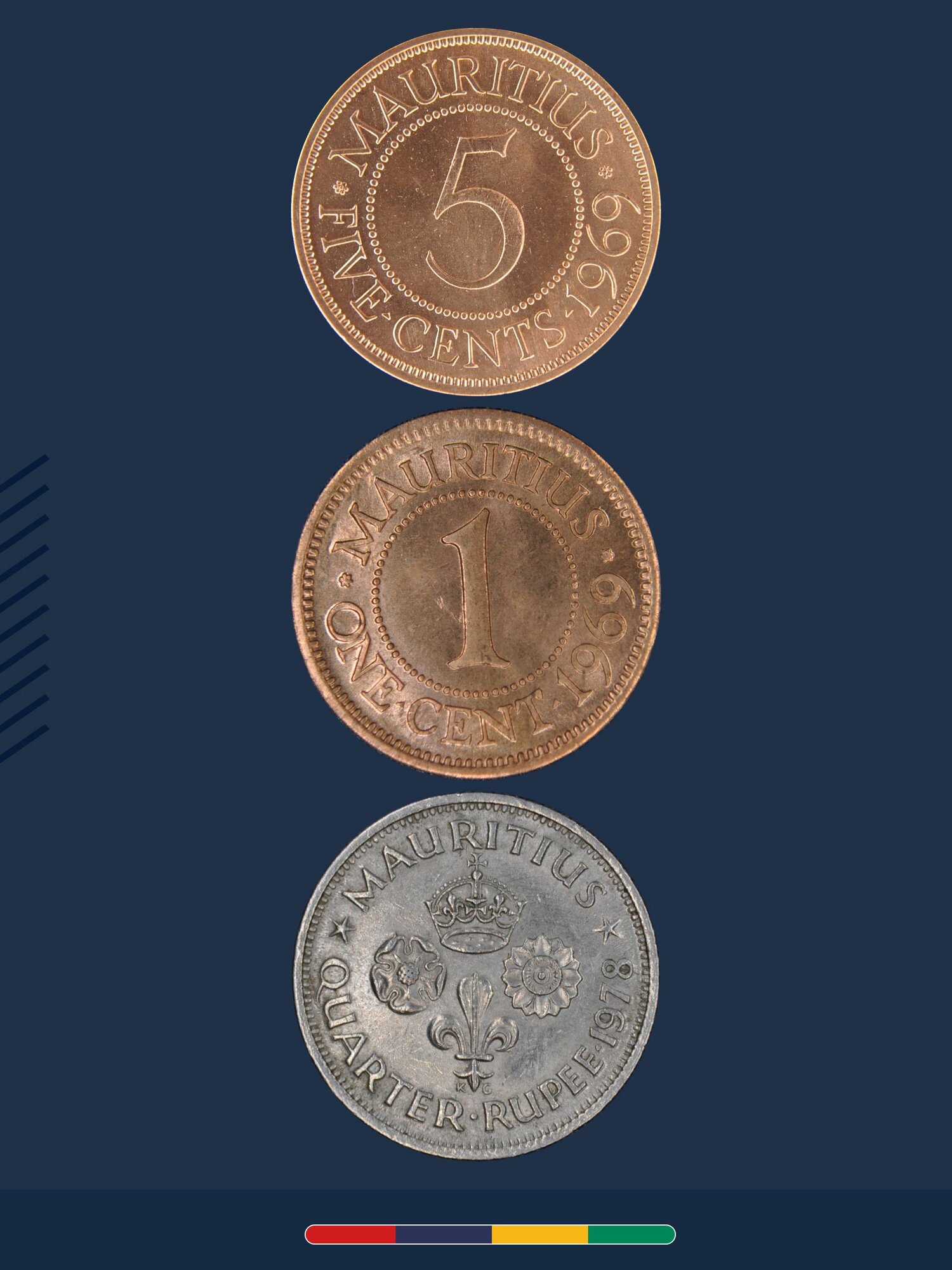 Набор монет Маврикия (3 монеты): 5 центов 1969, 1 цент 1969 и 1/4 рупии 1978 год