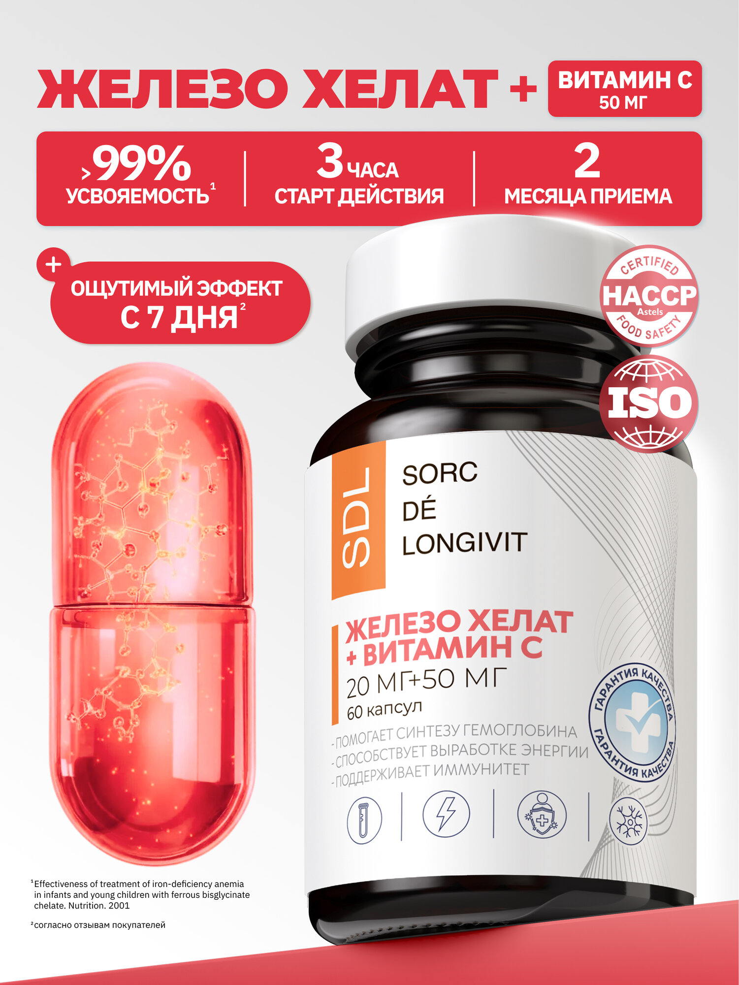 Железо хелат с витамином С SDL для повышения гемоглобина, иммунитета, 25 мг + 50 мг, 60 капсул