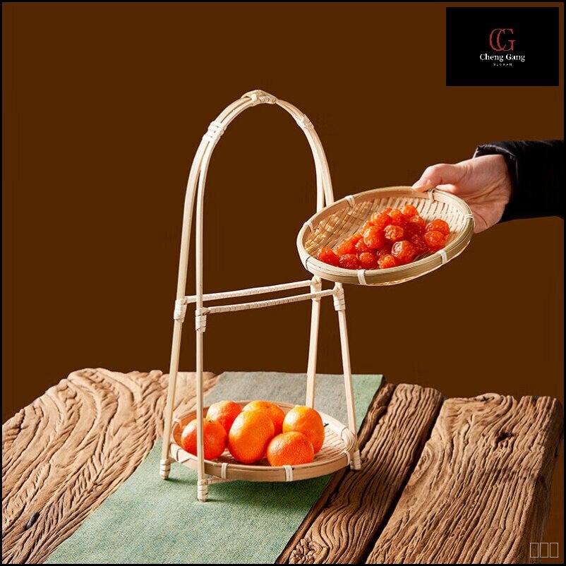 Suncojia Tea Brewing Set with Tray, Bamboo Woven Fruit Basket, Fruit Plate, Pastry And Tea Fruit Plate, Double Layer, Natural Wood Color, One Size Fits All