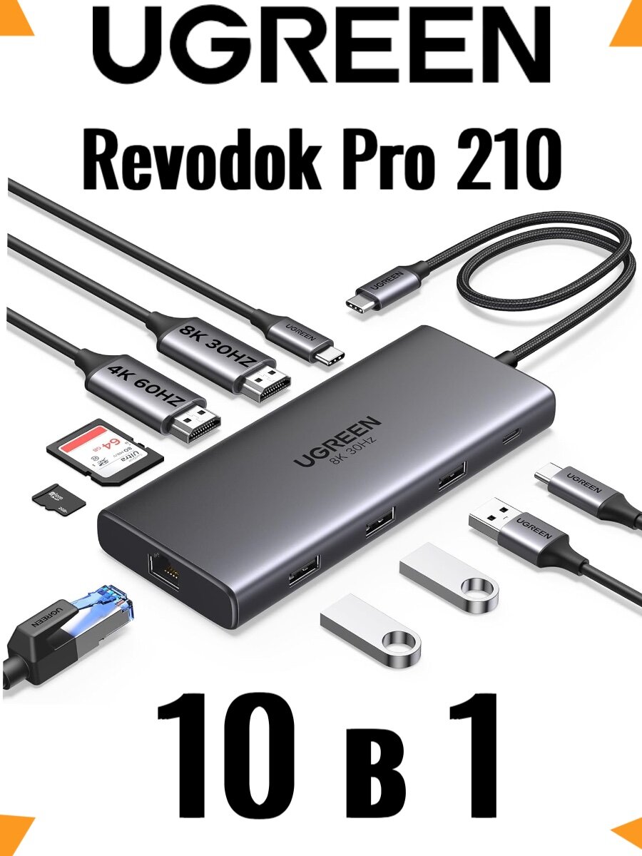 USB-хаб UGREEN Revodok Pro 210 10 в 1 USB C Hub Dual HDMI 8K 100W CM639 (15534)