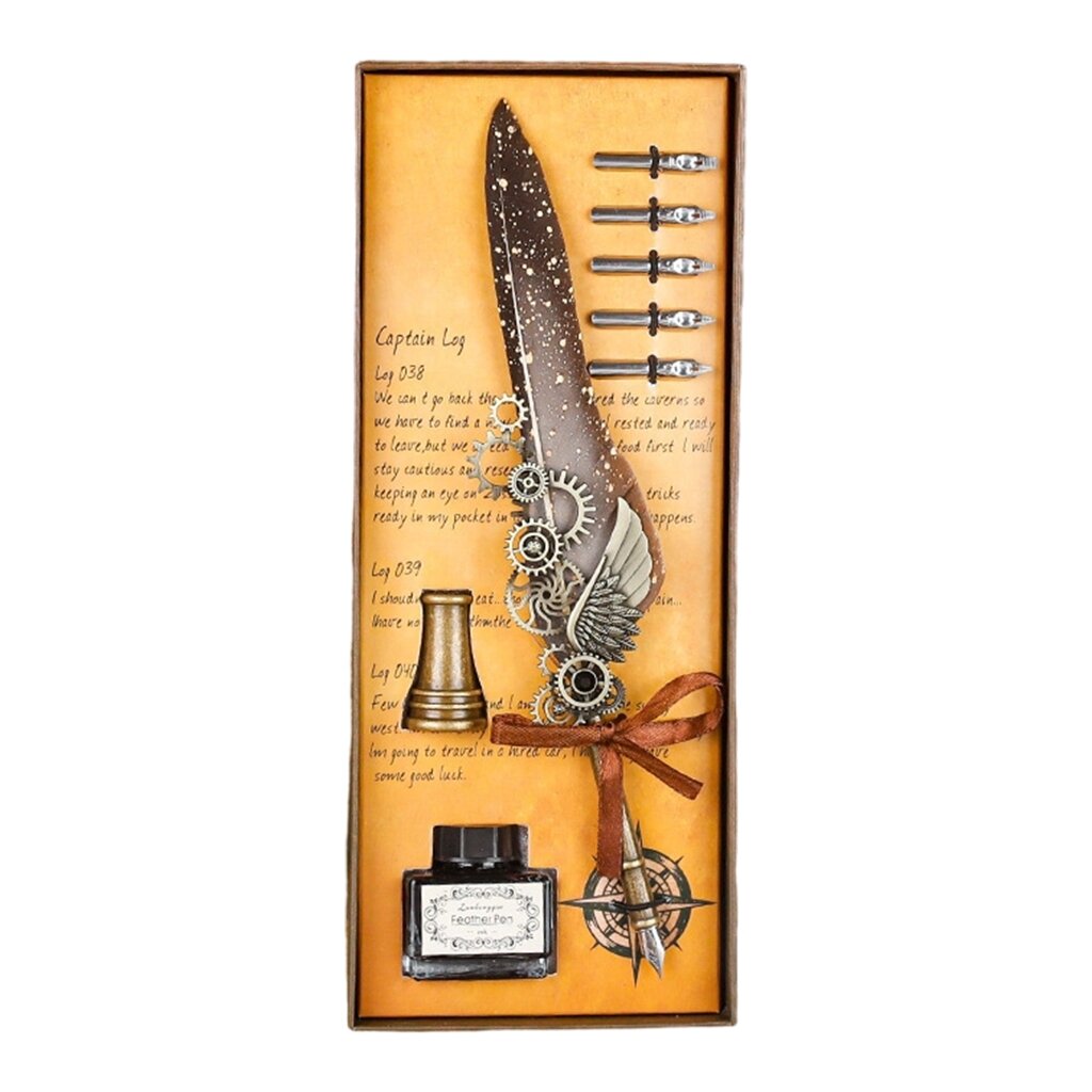 Старинное гусиное перо с Чернилами и 5 наконечниками, Набор перьев с металлической гравировкой в стиле Ретро для начинающих любителей каллиграфии