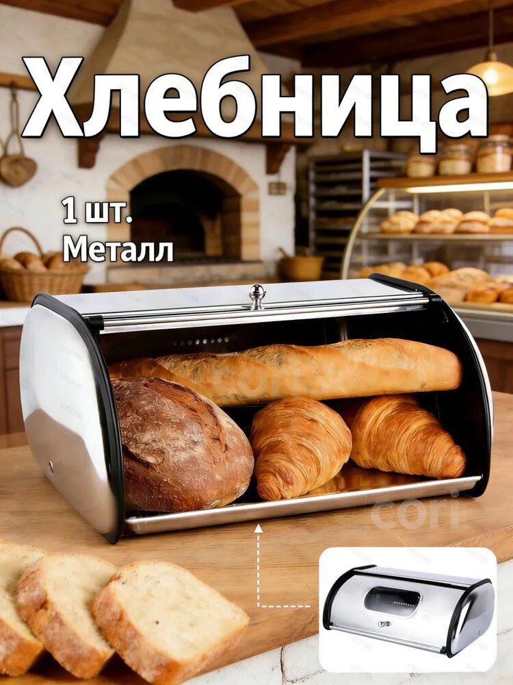 Хлебница из нержавеющей стали, 34 см х 23 см х 14.5 см, серебристая