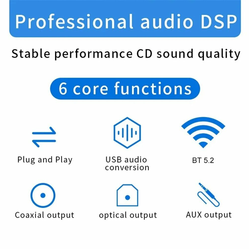 USB Bluetooth аудиоресивер AUX/оптоволоконный/коаксиальный преобразователь 5.2 для усилителя динамика ПК ТВ