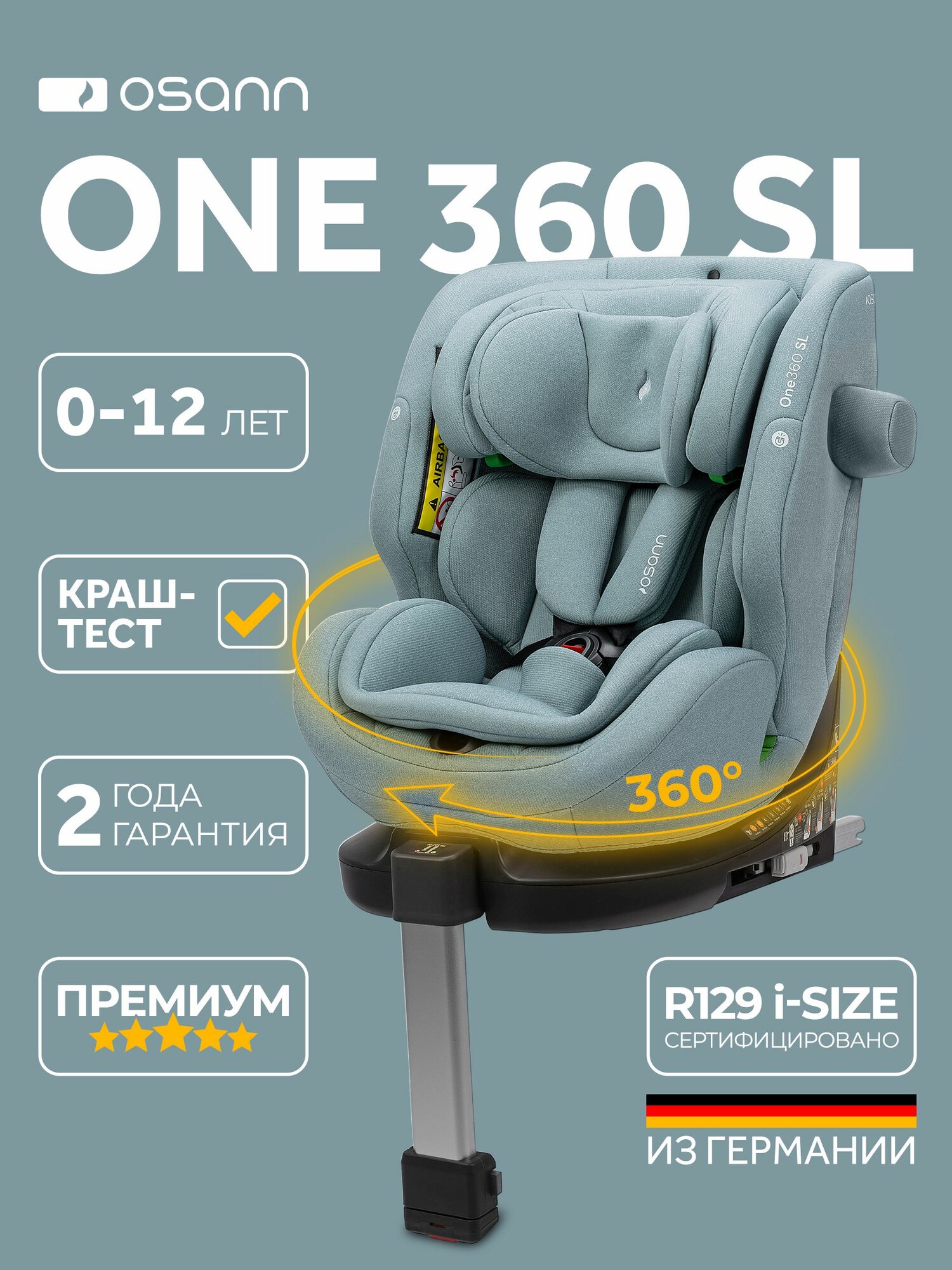 Автокресло детское Osann One360 SL Sky (бирюзовый) для новорожденных и детей до 12 лет, от 40 до 150 см, 0-36 кг, c ISOFIX и опорной ногой