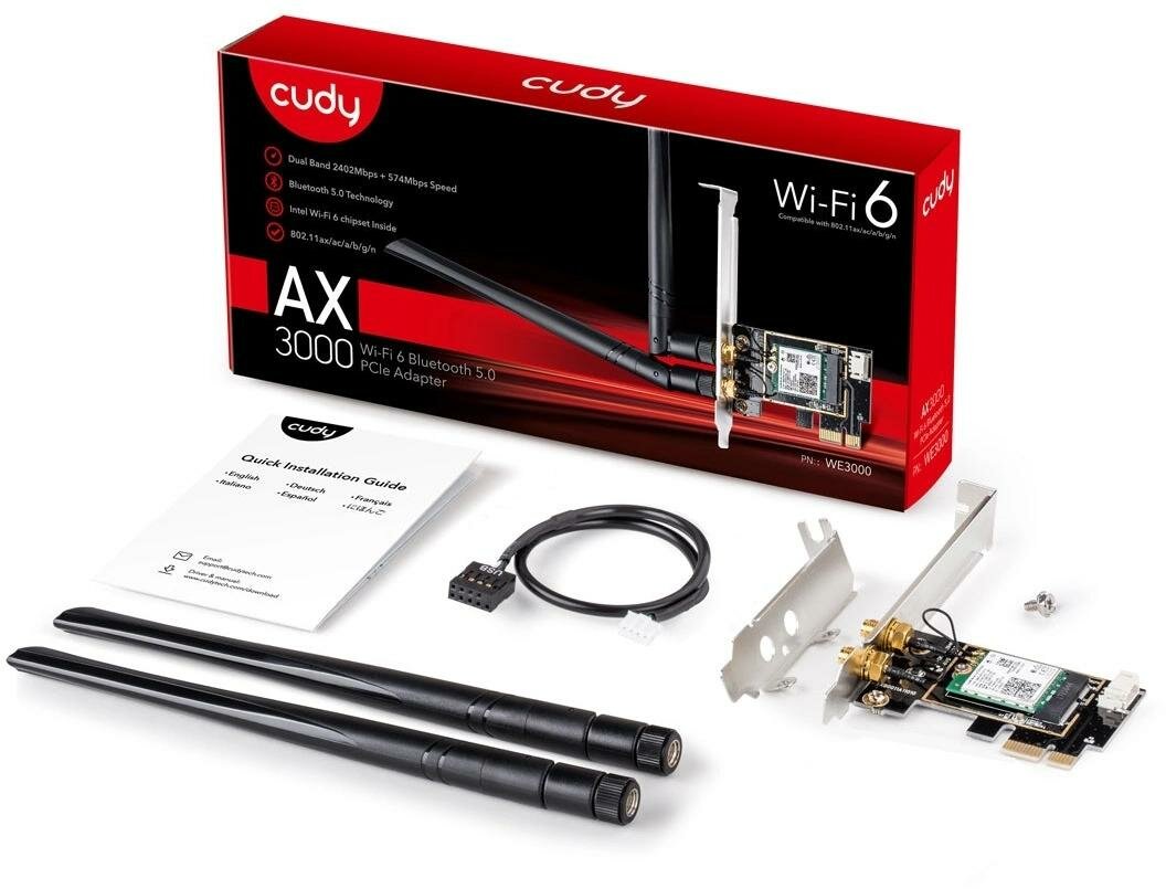 Сетевой адаптер Cudy Wi-Fi + Bluetooth, Aх3000, PCI Eхpress, с 2 съемными внешними антеннами (WE3000)