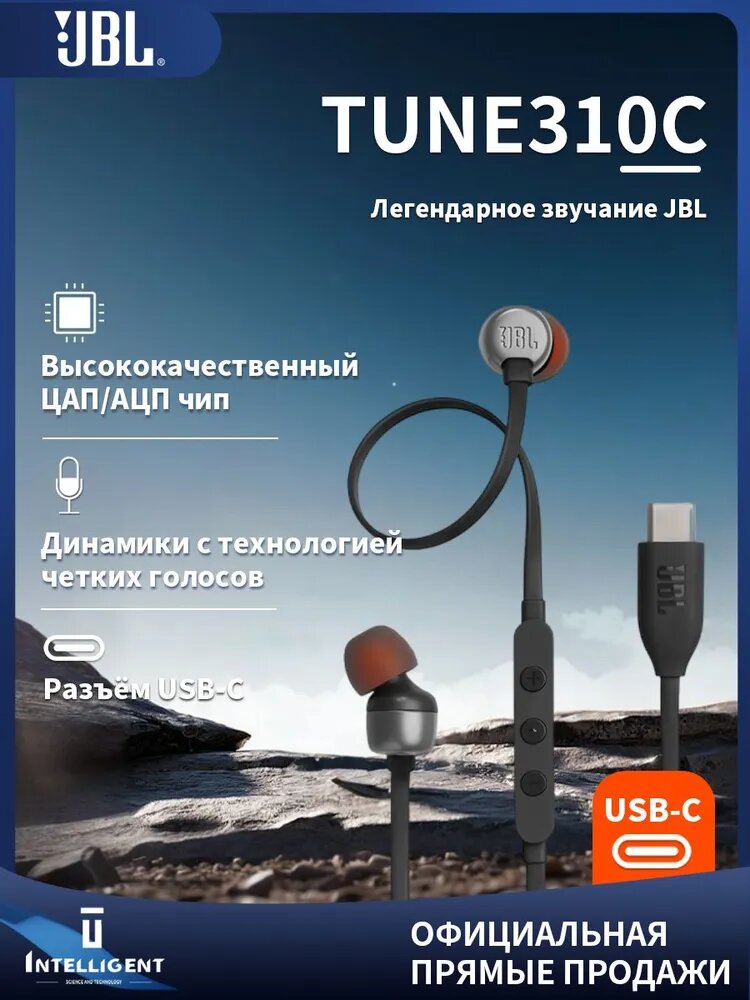 Наушники проводные с микрофоном, USB Type-C, черный