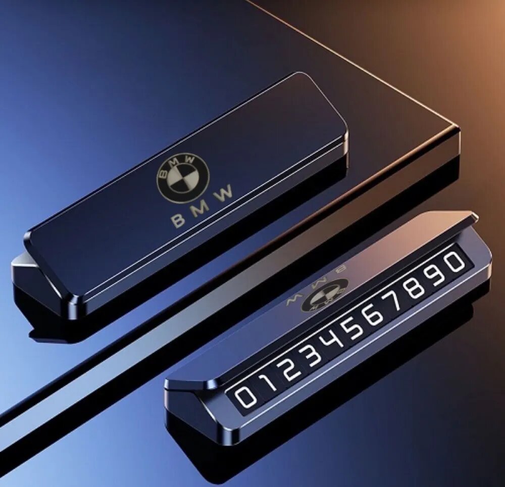 Автовизитка BMW для автомобиля. Номер телефона на присоске, металлическая, синяя