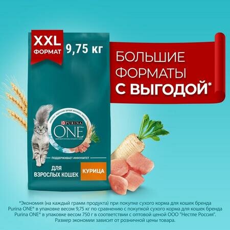 Purina ONE 9,75 кг сухой корм для взрослых кошек, с высоким содержанием курицы и цельными злаками