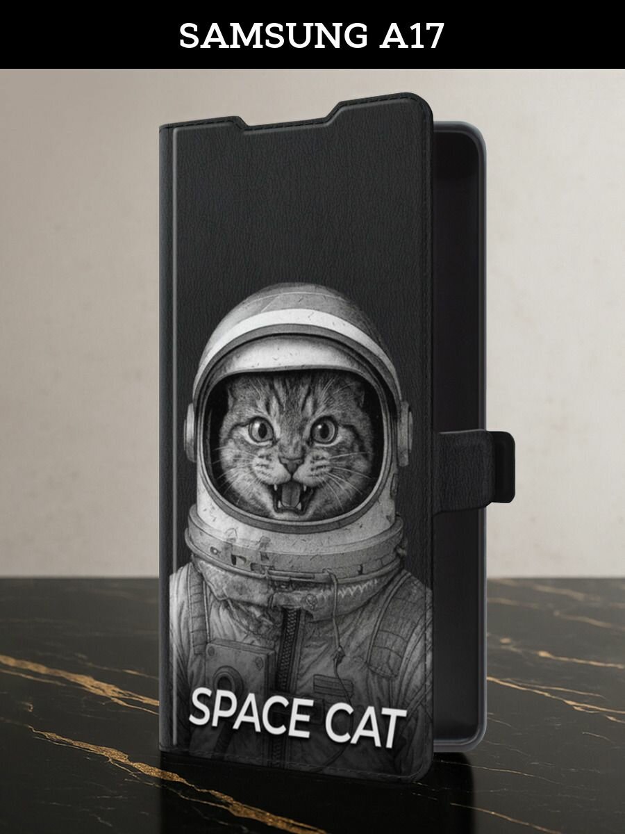 Чехол-книжка на Samsung Galaxy A17 / Самсунг А17 с принтом Space cat, черный