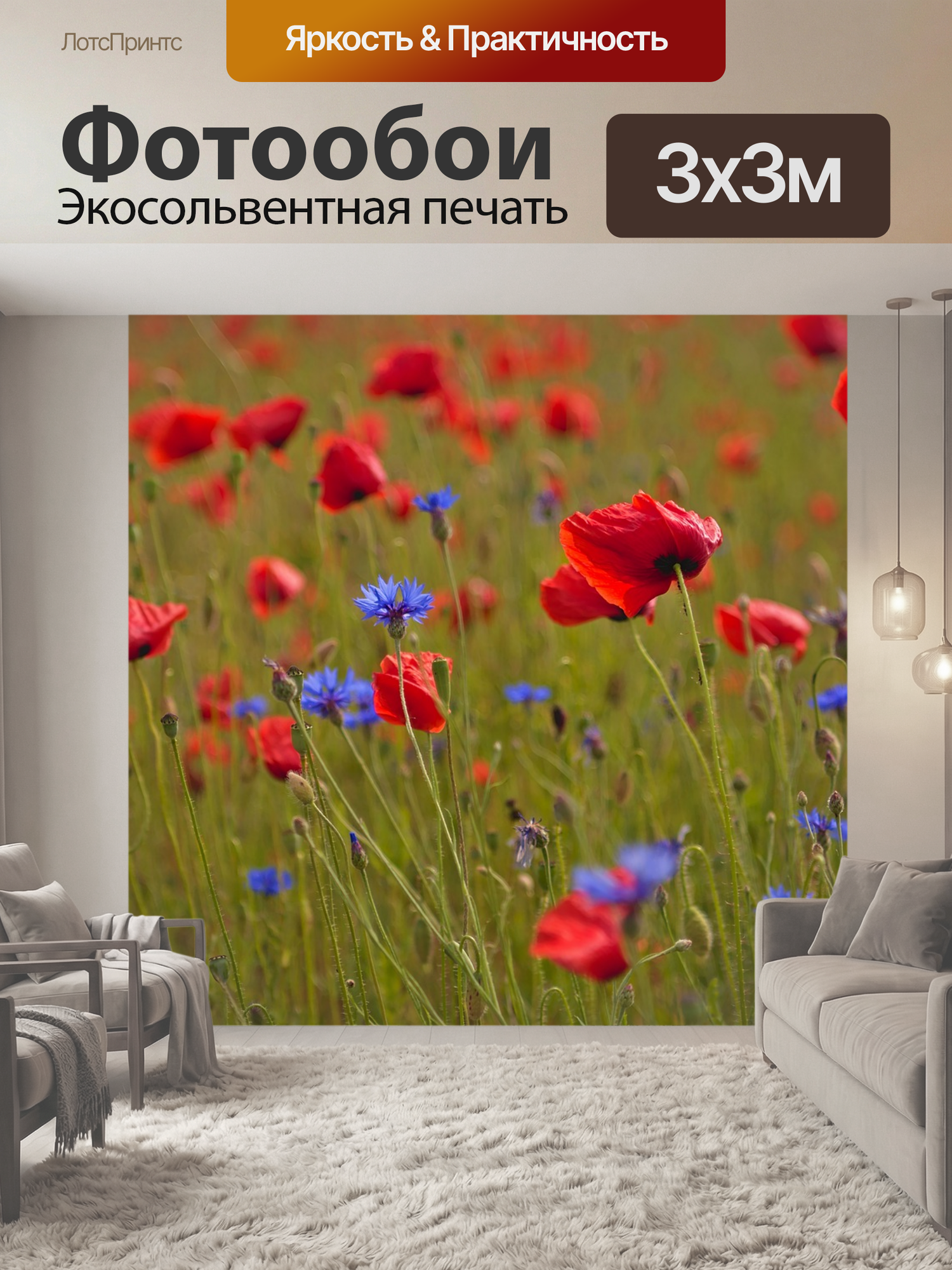 Фотообои "Маки, маковое поле, васильки" 300x300 см. экосольвентная печать