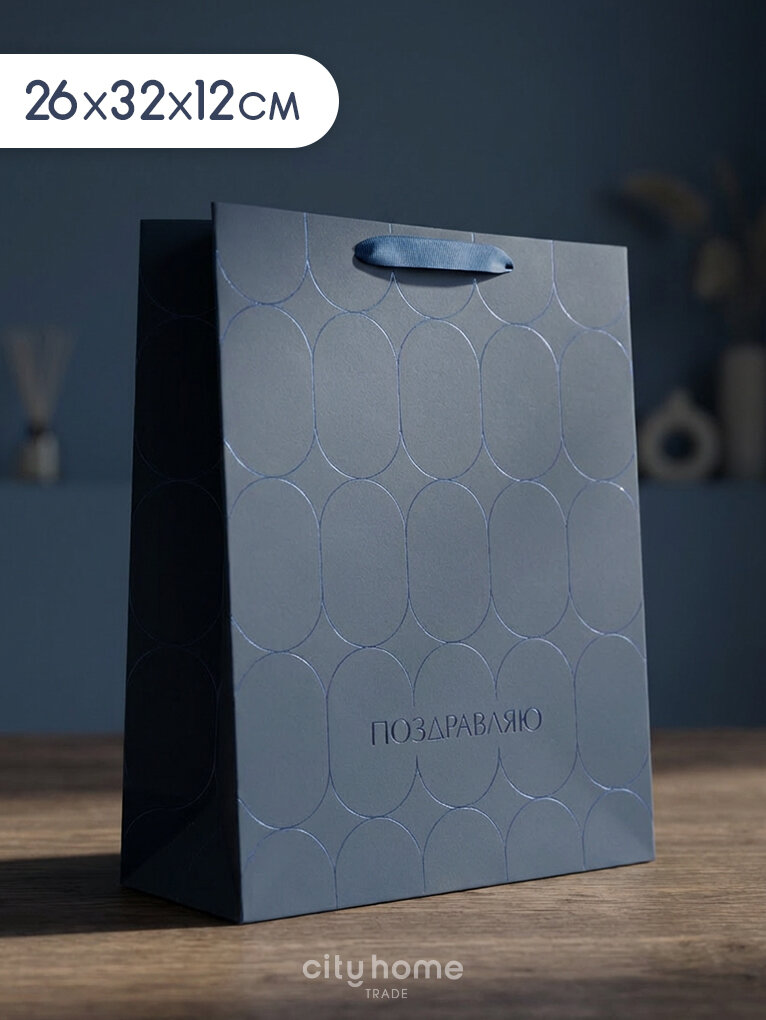 Пакет подарочный мужской синий, картонный, 26х32х12 см, 1 шт.