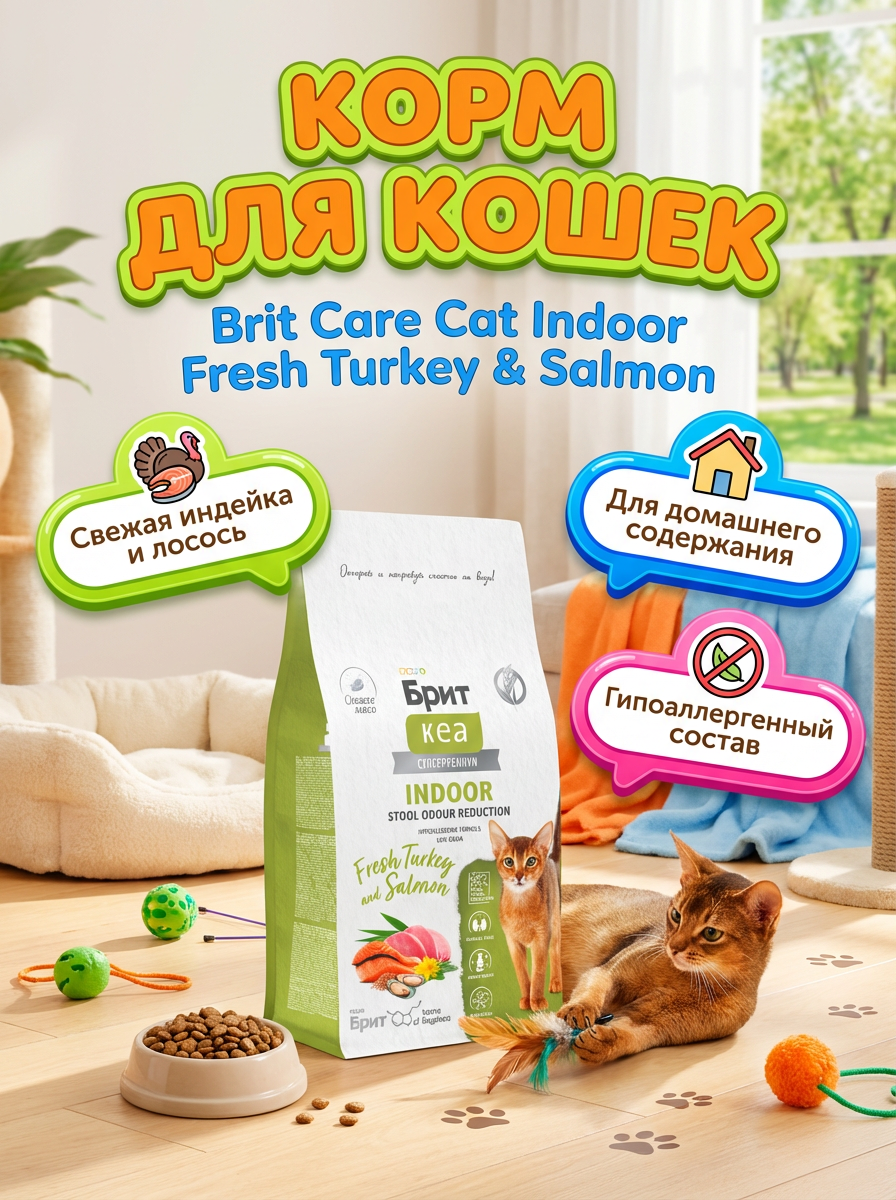 Сухой корм Брит Кеа, INDOOR STOOL ODOUR REDUCT для кошек с индейкой и лососем, 400гр