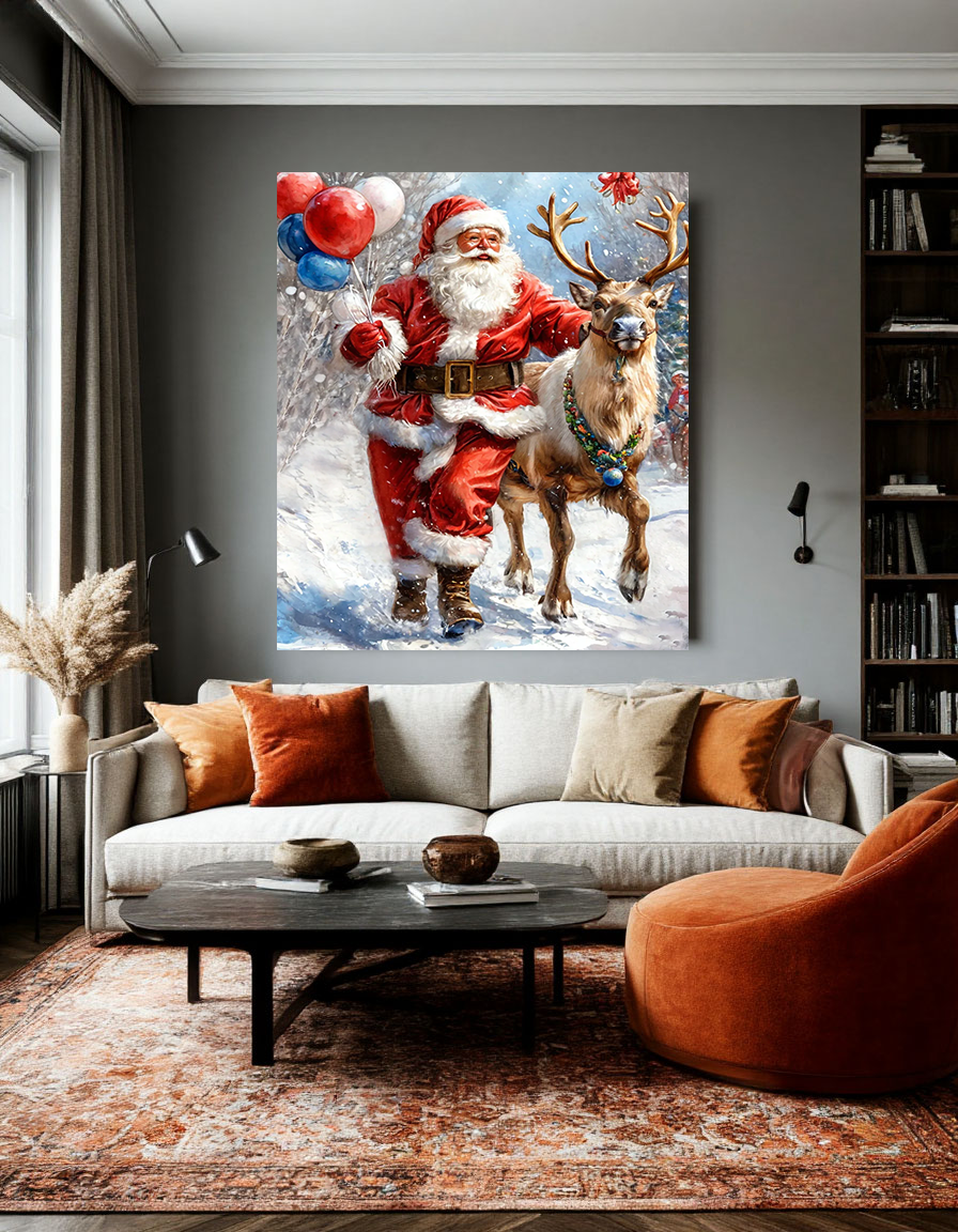 Картина на стену для интерьера "Дед Мороз и олень" 40х50 см, холст на подрамнике, ArtInter