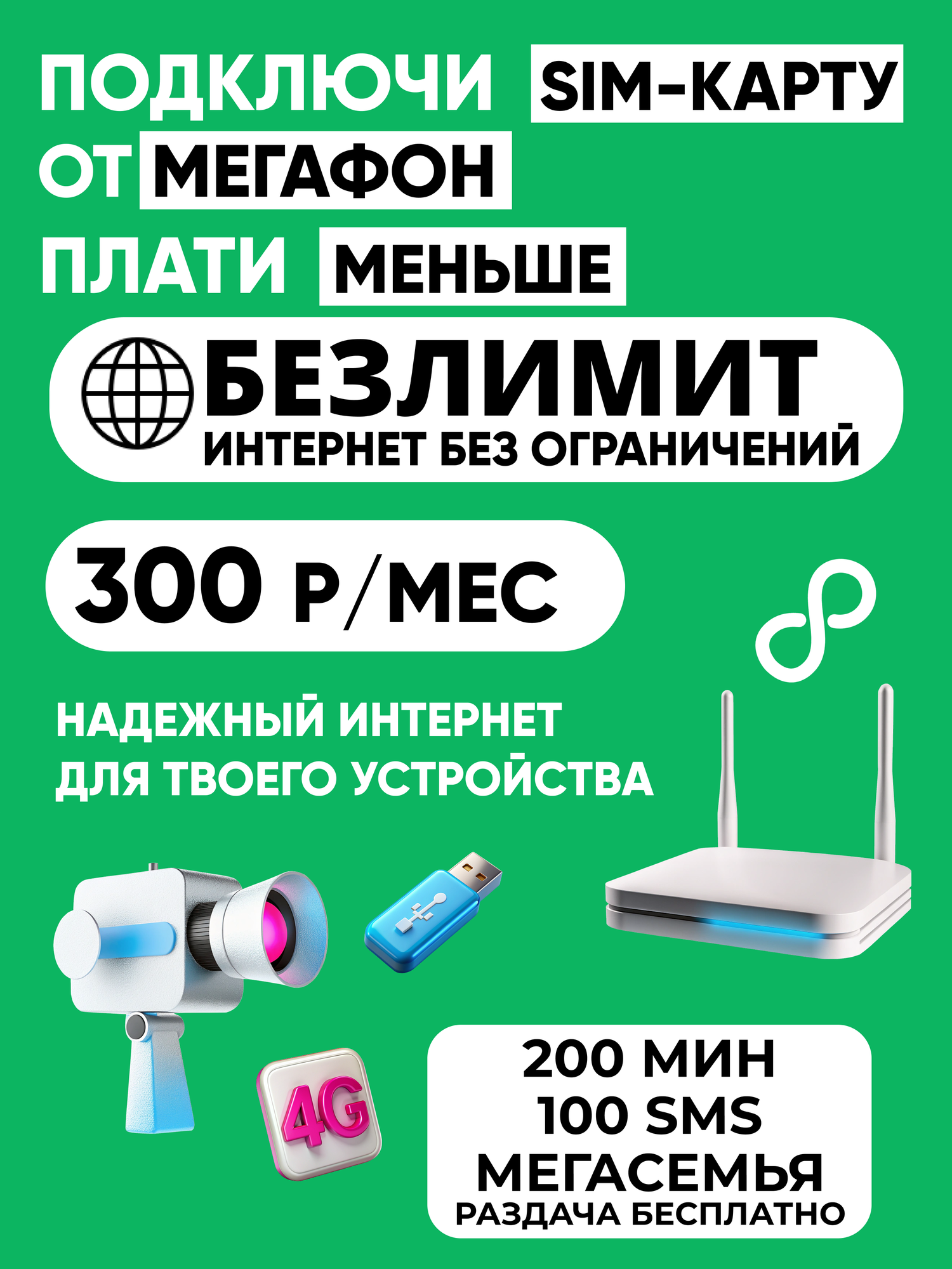 Sim-карта МегаФон безлимитный интернет по России