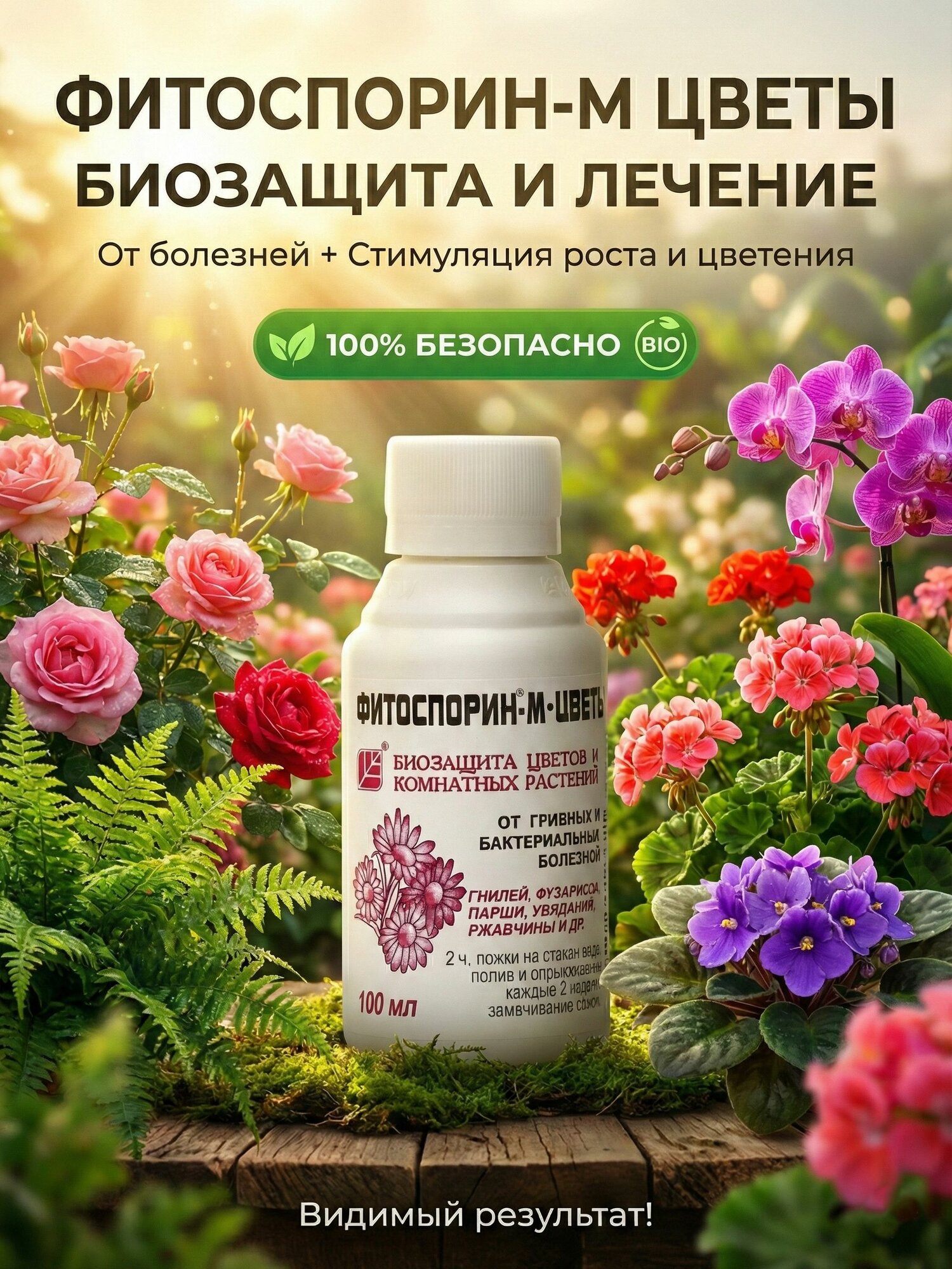 Фитоспорин-М "Цветы" жидкий 100 мл. Средство для укрепления иммунитета садовых и комнатных декоративных растений, защищает от грибковых, бактериальных и вирусных заболеваний