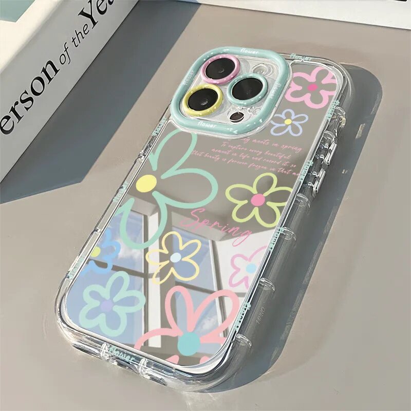 Модный чехол-зеркало INS Lovely Love Flowers для iPhone 17 16 15 13 14 13 11 12 Pro For iPhone 17Pro