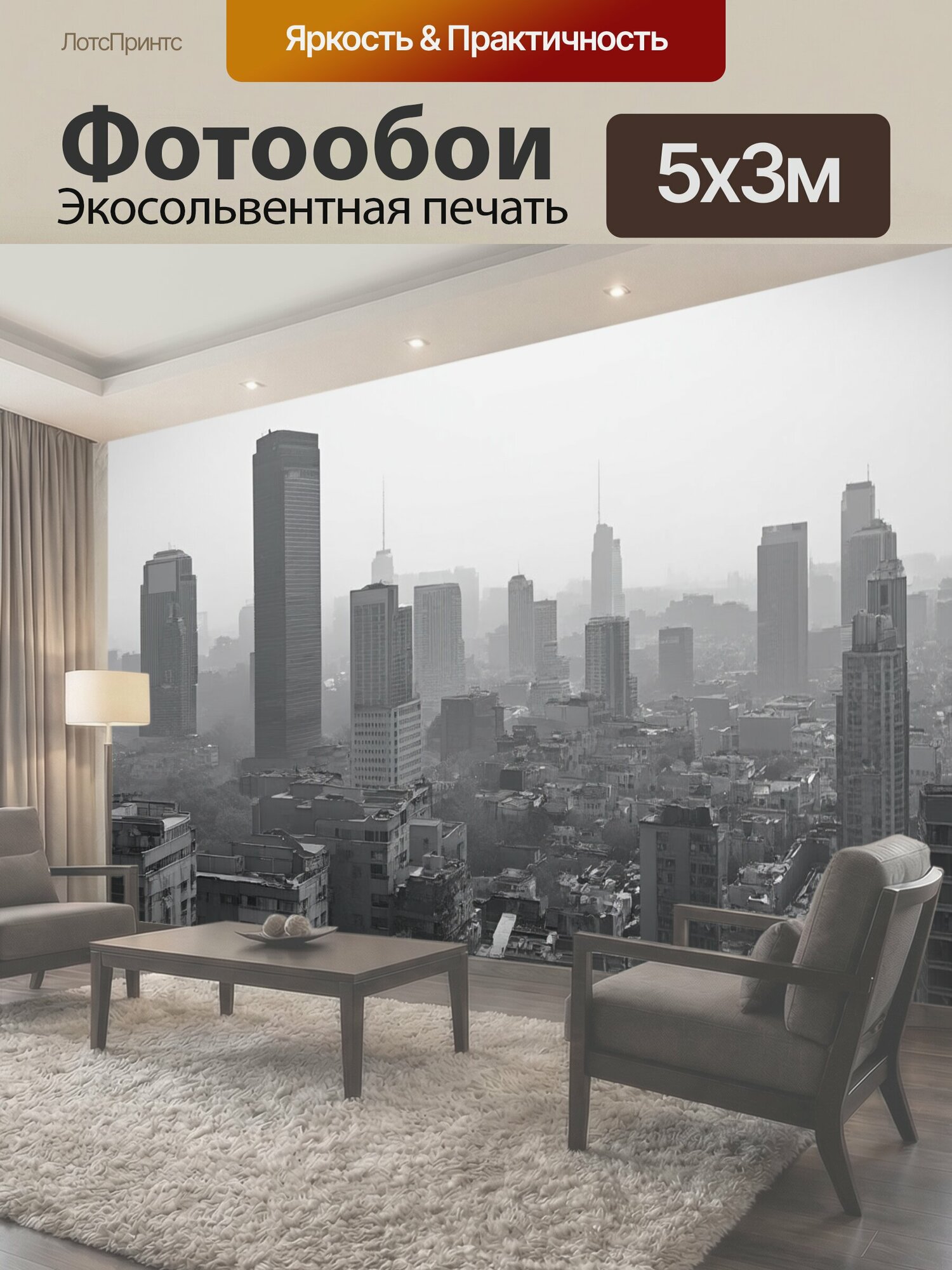 Фотообои "Черно-белый, представляющие собой вид на шумный город с высокими зданиями, утопающими в дымке осеннего утра. стиль - городской пейзаж." 500x300 см. экосольвентная печать