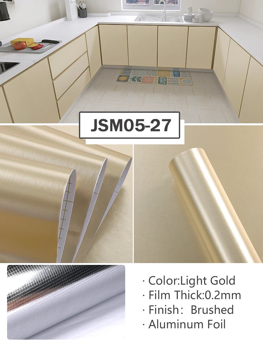Металлические виниловые обои золотого цвета Gold brushed 05-27, 57x200cm-22.4x78.7in
