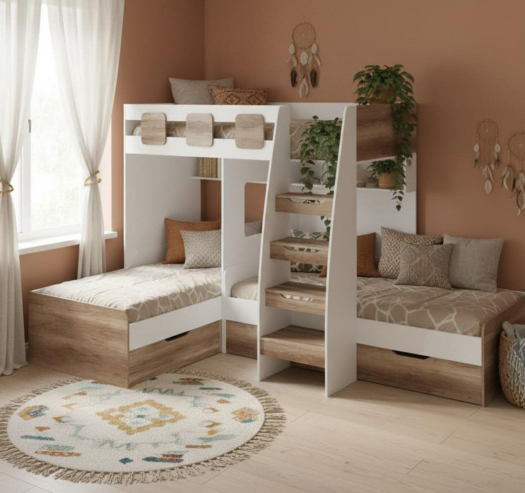 Кровать 3-х ярусная Династия (белый+дуб каньон)